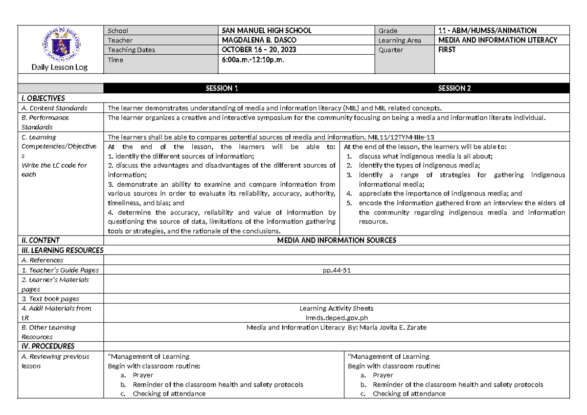 Q1-W6-MIL - mil - School SAN MANUEL HIGH SCHOOL Grade 11 - ABM/HUMSS ...