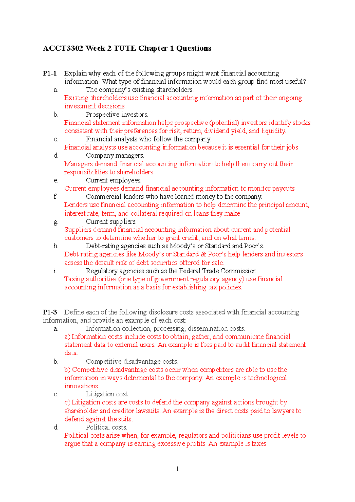 Week 2 TUTE - Tutorial work - ACCT3302 Week 2 TUTE Chapter 1 Questions ...