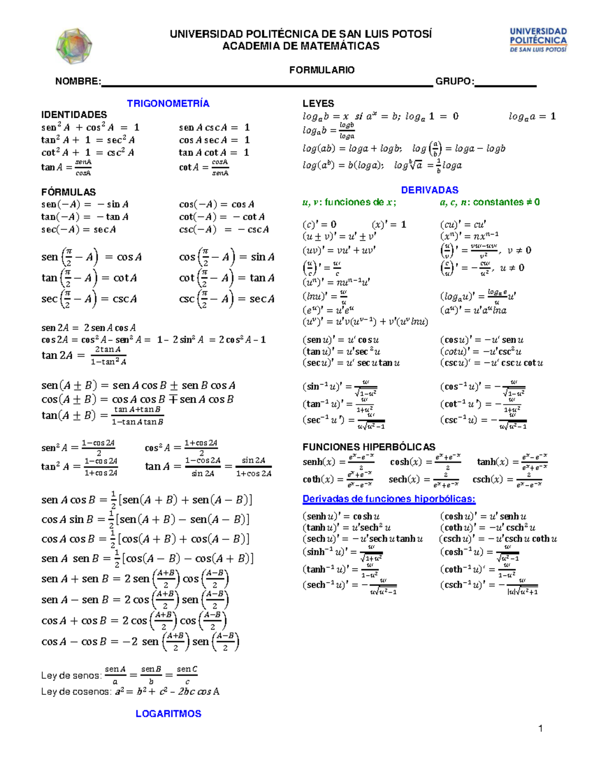 Formulario Mate II - __________________- UNIVERSIDAD POLITÉCNICA DE SAN ...