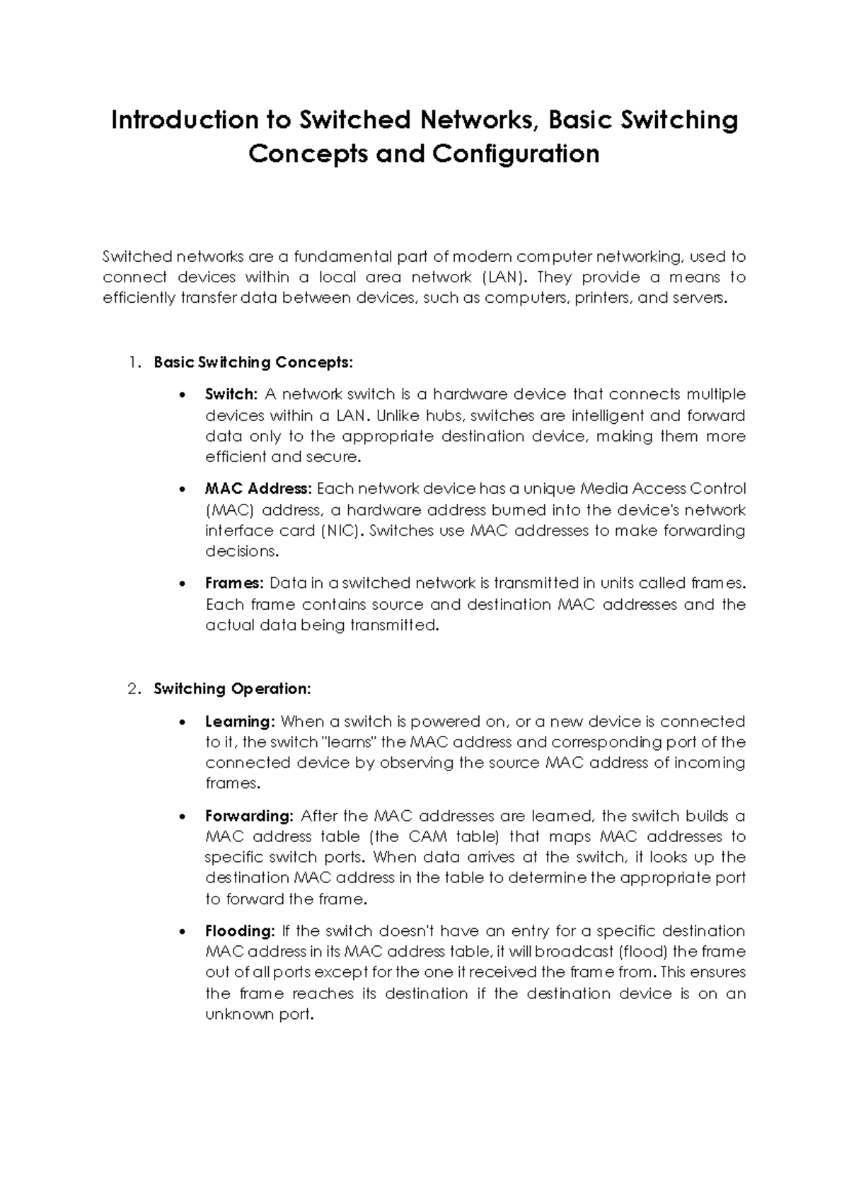 Introduction To Switched Networks Basic Switching Concepts And