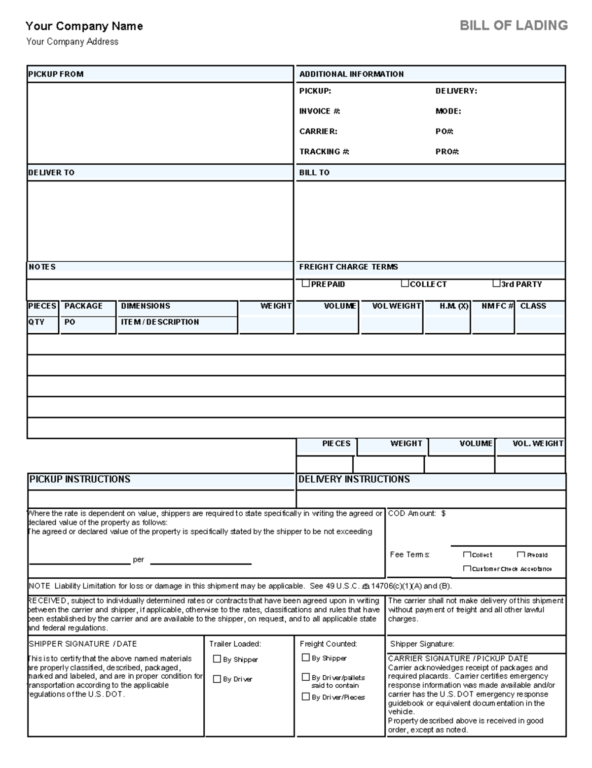 Bill Of Lading - plantilla - BILL OF LADING Your Company Address Your ...
