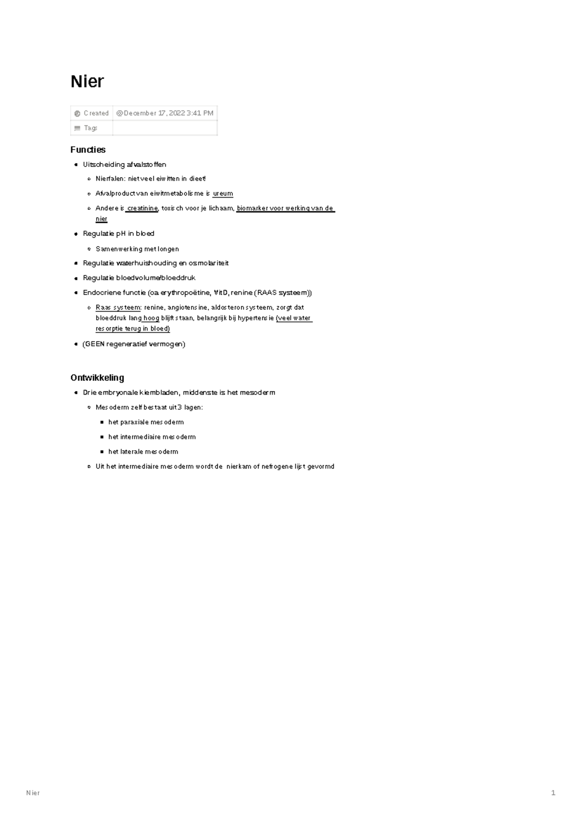 Nier fysio & pathofysio 1 - Nier Created Tags Functies Uitscheiding ...