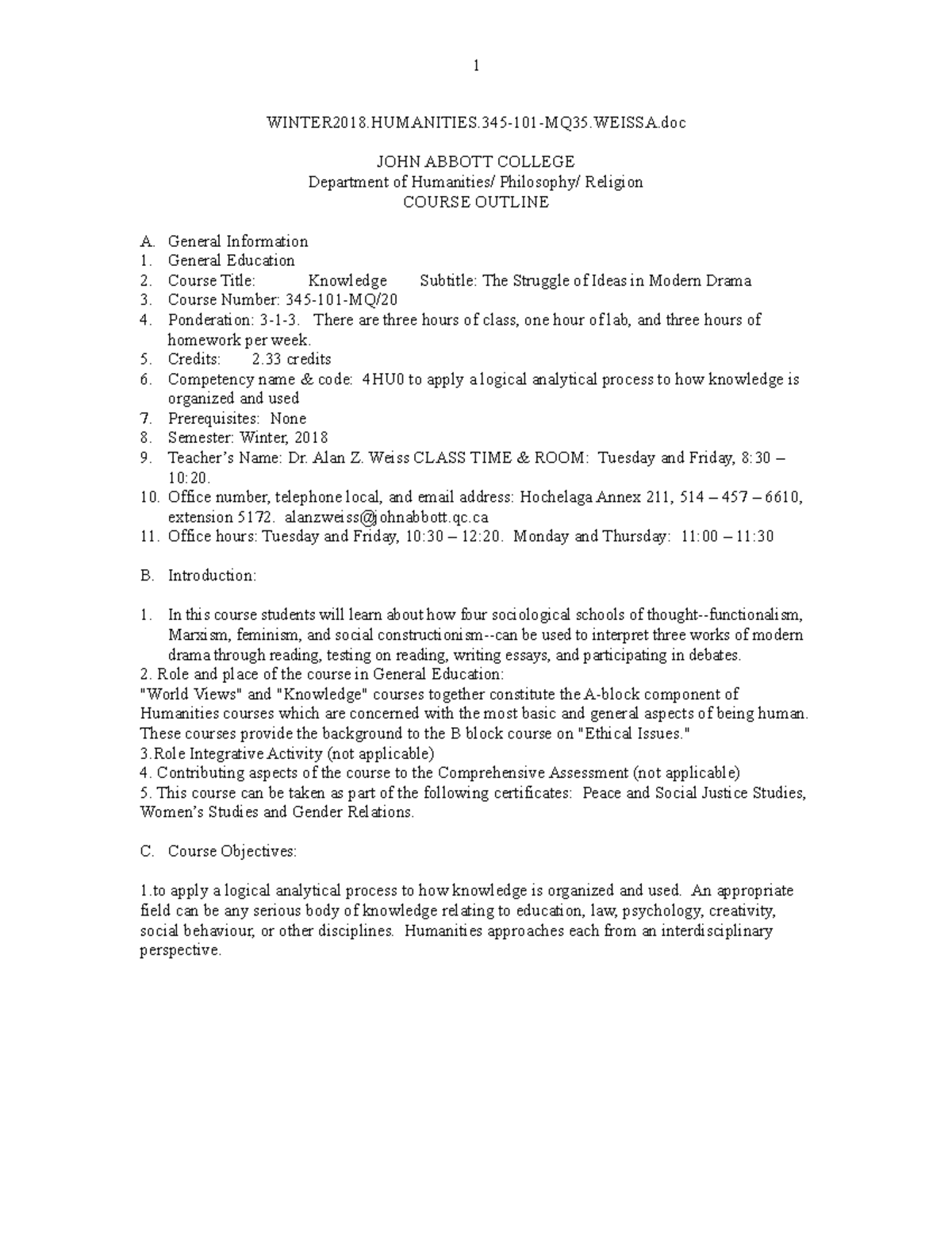 Struggle of Ideas in Modern Drama Course Outline - WINTER2018 ...