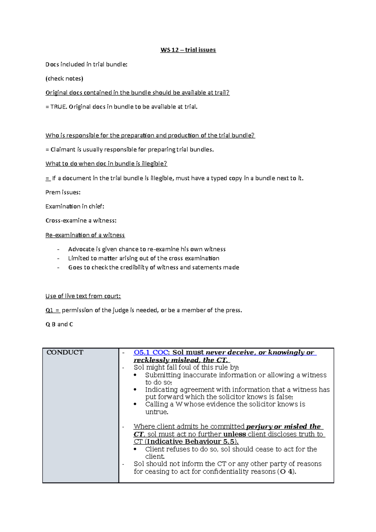 WS 12 trial issues - Brief notes - WS 12 – trial issues Docs included ...
