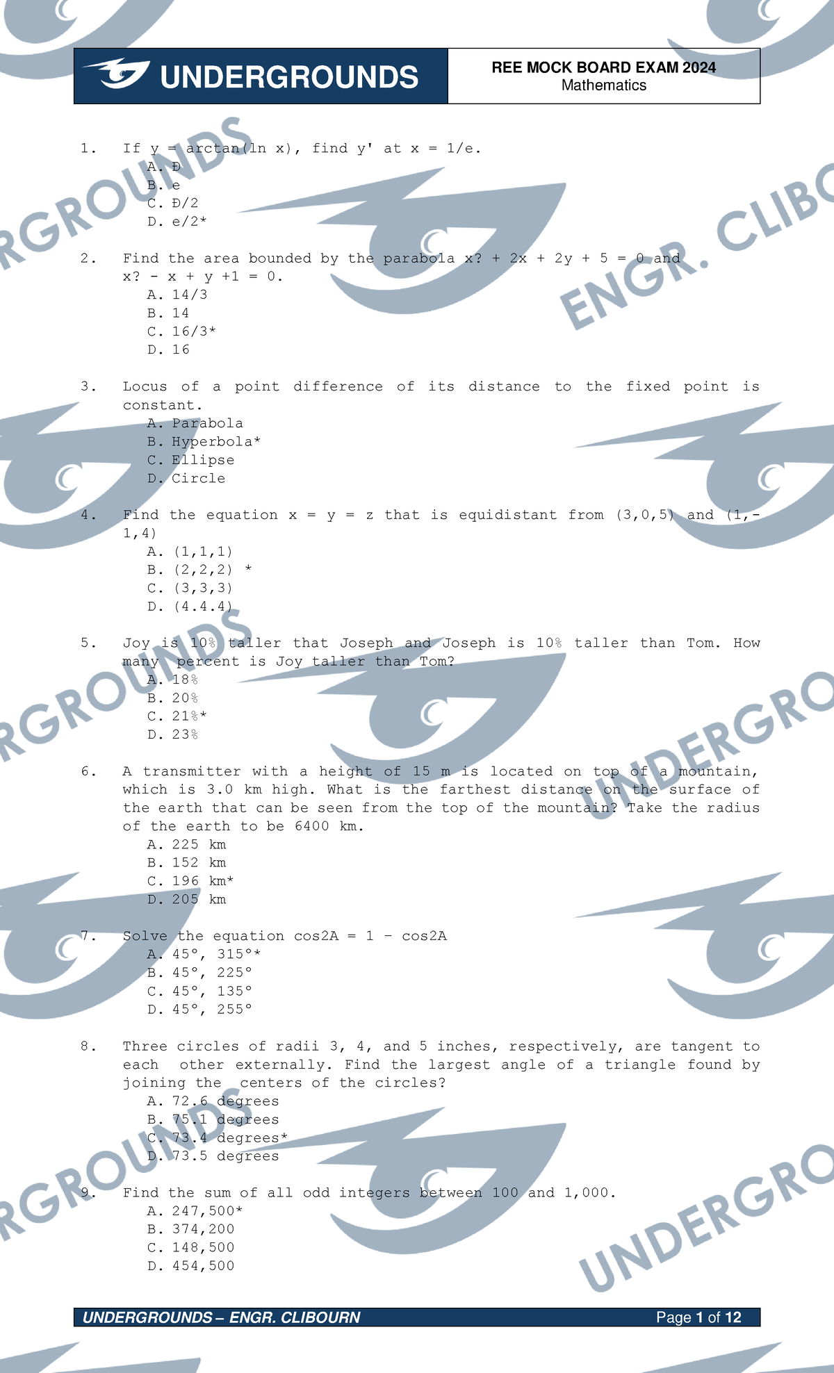 MATH - Math - UNDERGROUNDS Mathematics If y = arctan(ln x), find y' at ...