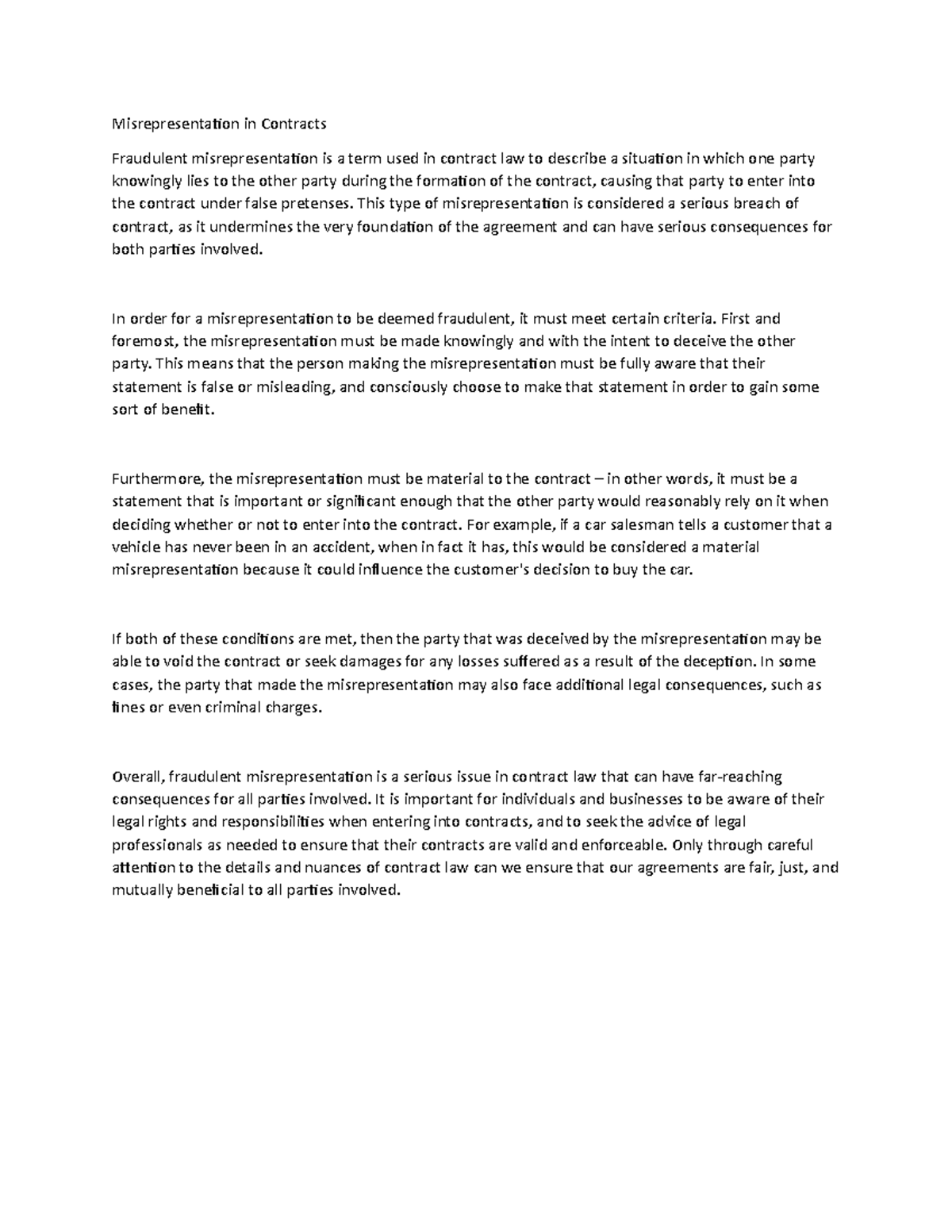 Misrepresentation In Contracts Misrepresentation In Contracts Fraudulent Misrepresentation Is