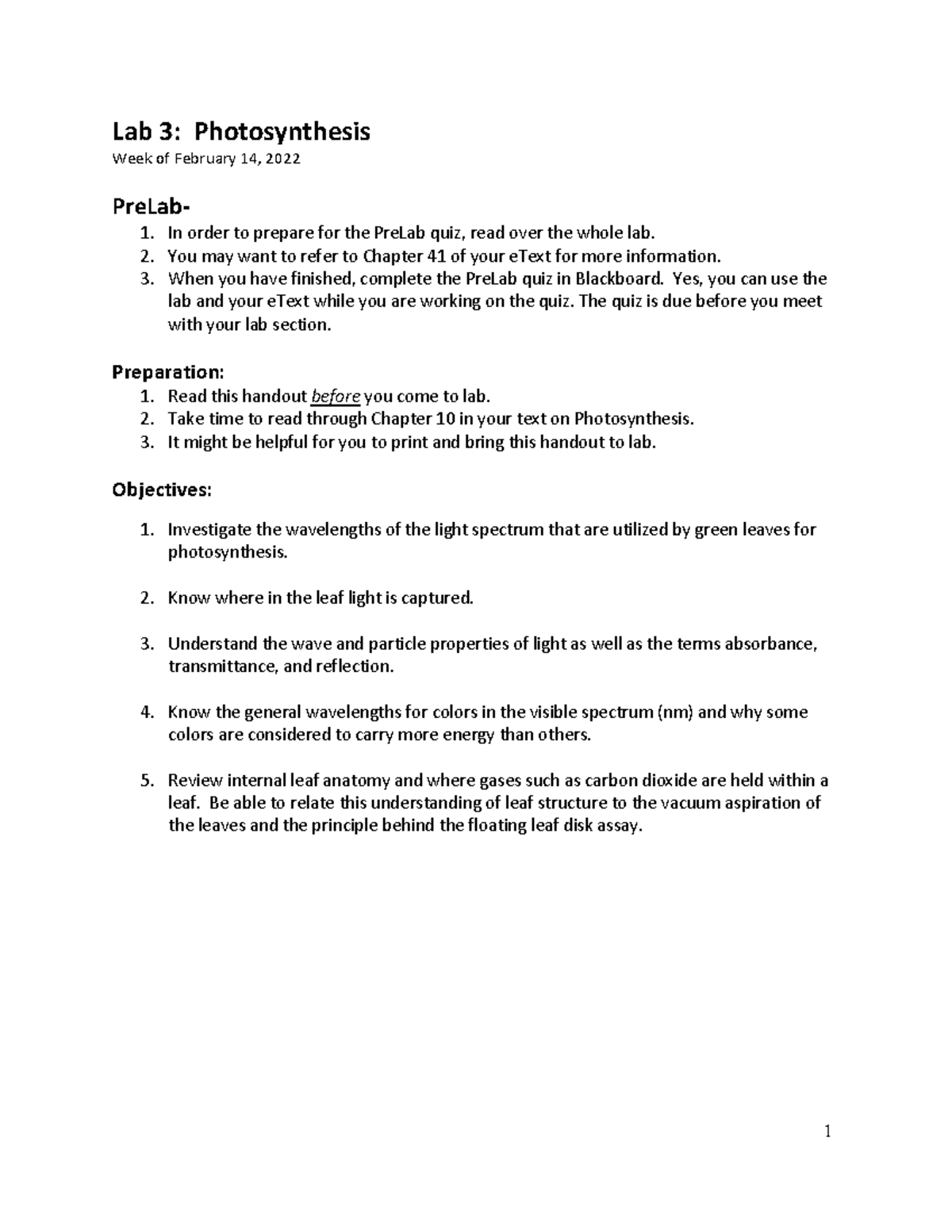 BIO 124 Lab 3 Photosynthesis 2022 - Lab 3: Photosynthesis Week of ...