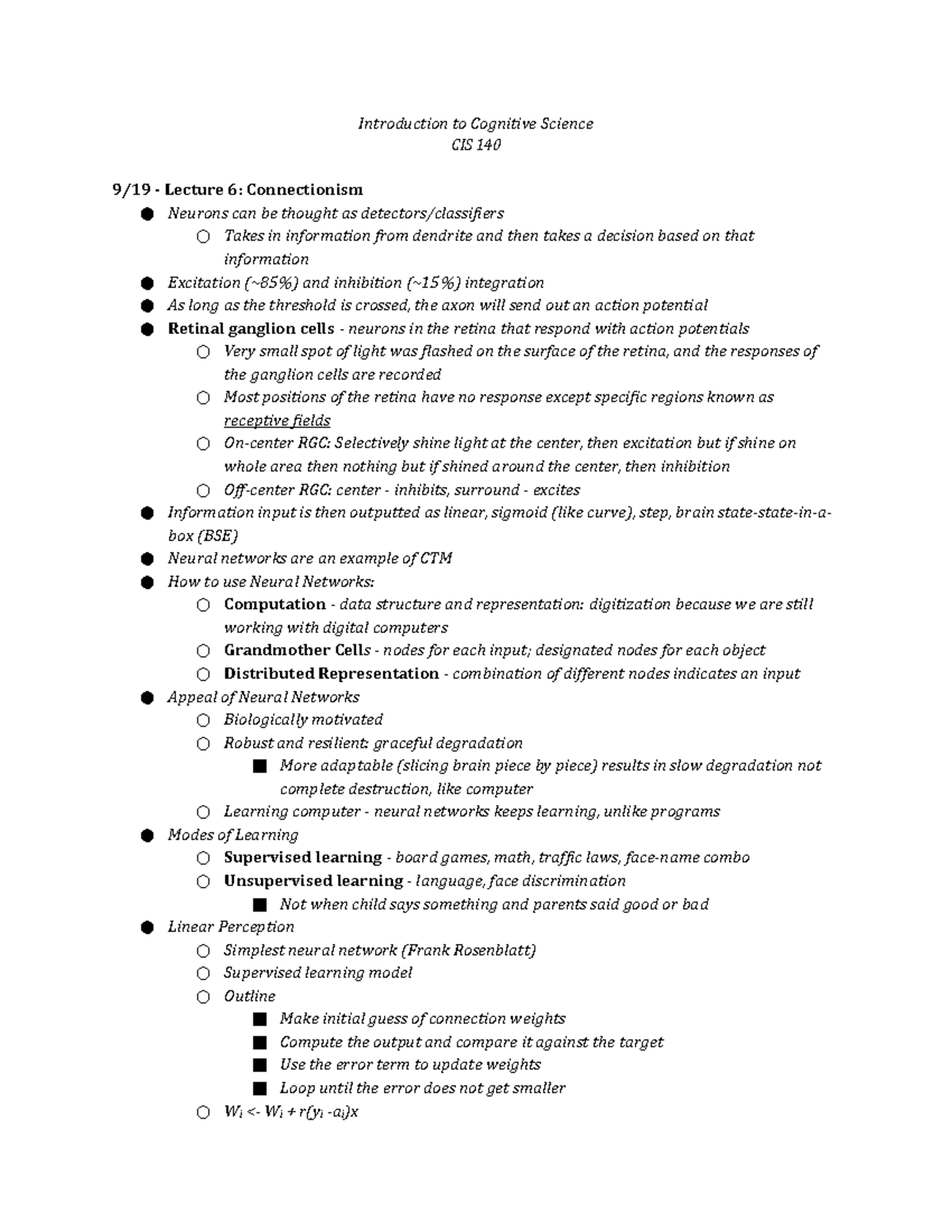 Lecture 6 Connectionism Introduction To Cognitive Science Cis 140 9