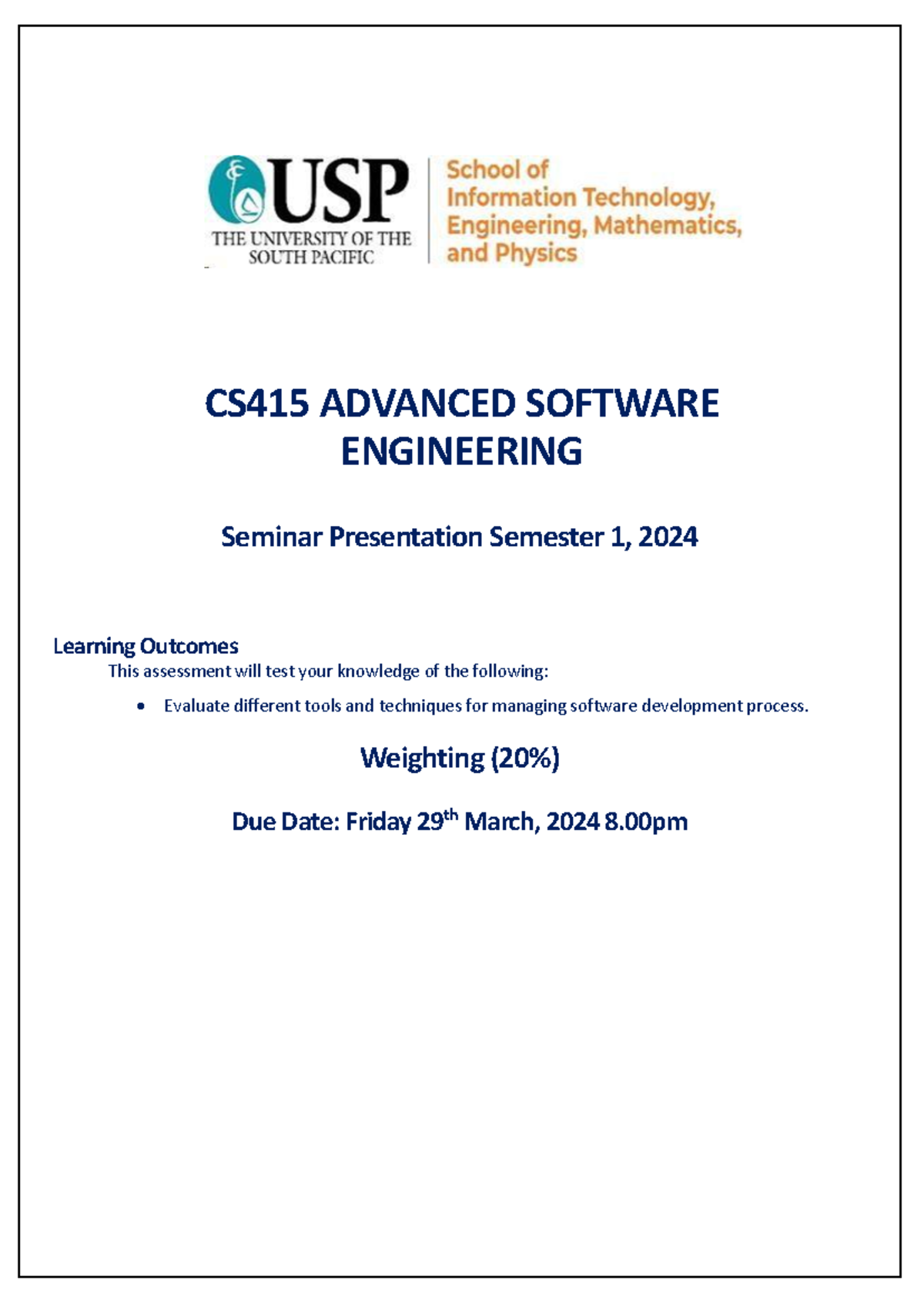 CS415 Seminar Presentation - Seminar Presentation Semester 1 , 202 4 ...