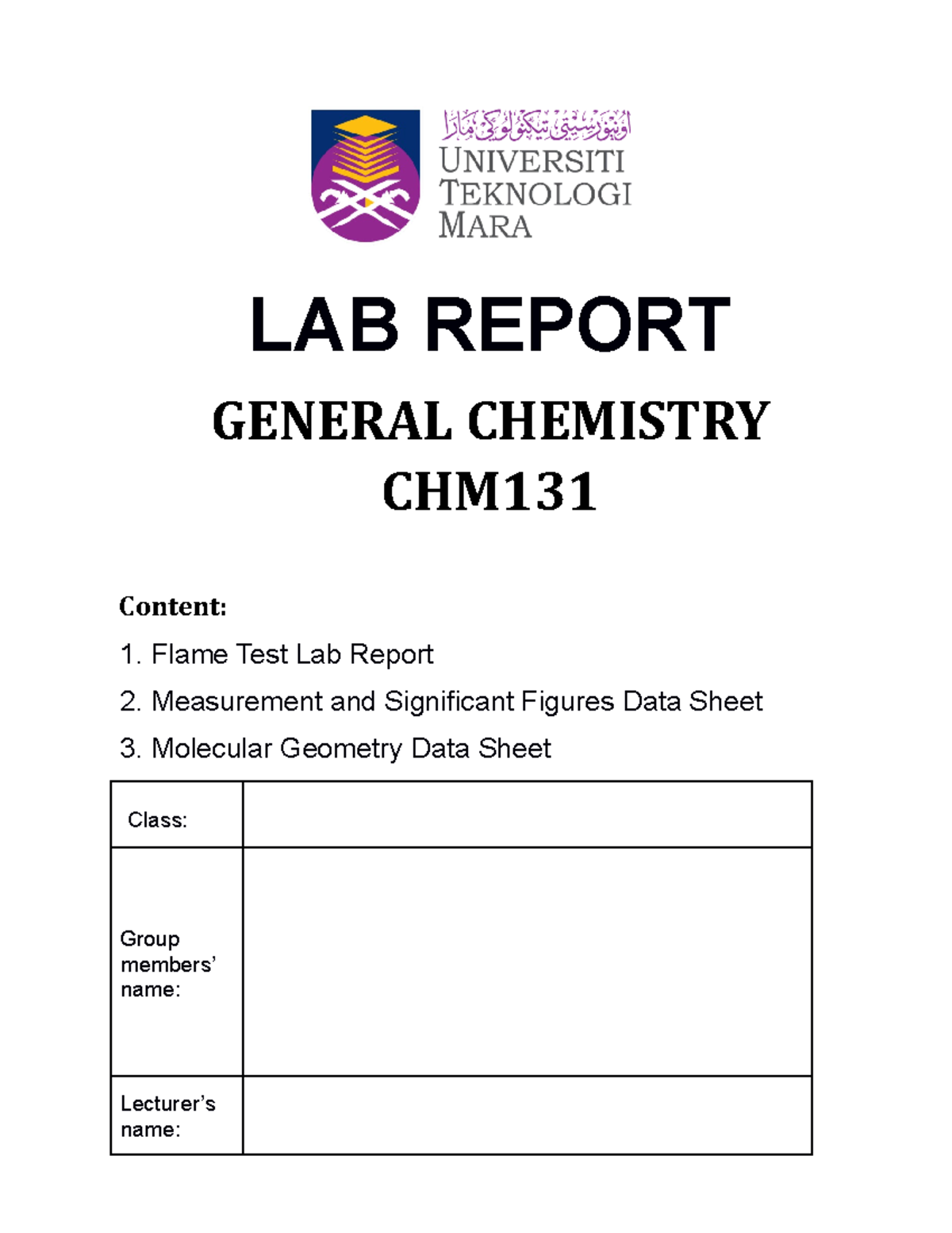 Experiment 1 - chm 131 lab report - LAB REPORT GENERAL CHEMISTRY CHM ...