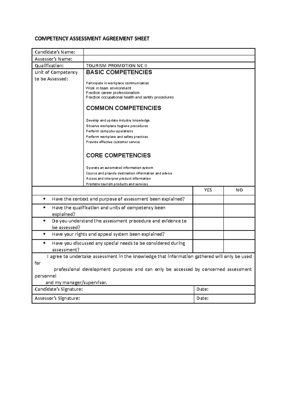 Competency Assssment Agreement Sheets - COMPETENCY ASSESSMENT AGREEMENT ...