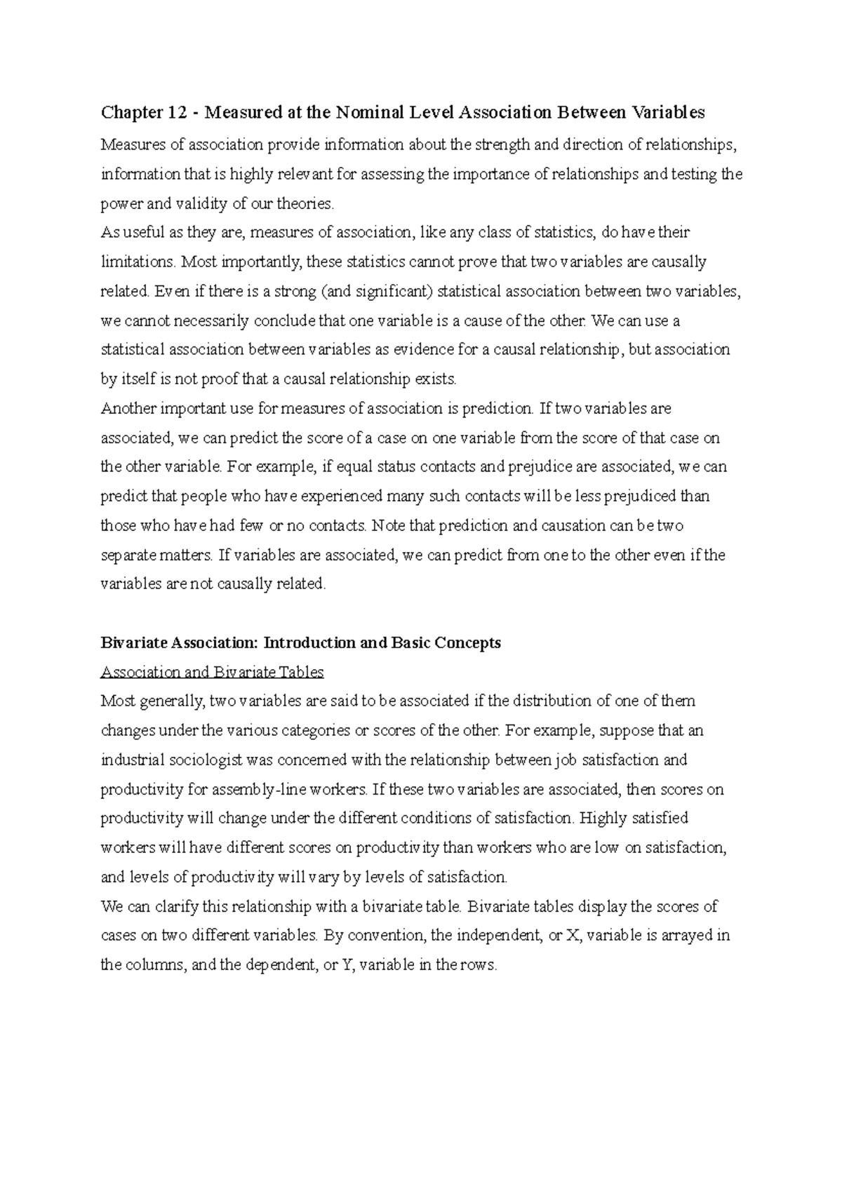 Chapter 12 - Measured at the Nominal Level Association Between Variables - As useful as they are ...