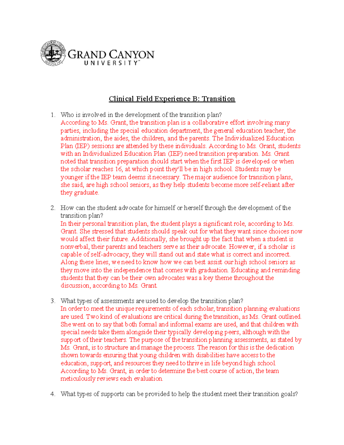 SPD 300- Clinical Field Experience B- Transition - Clinical Field ...