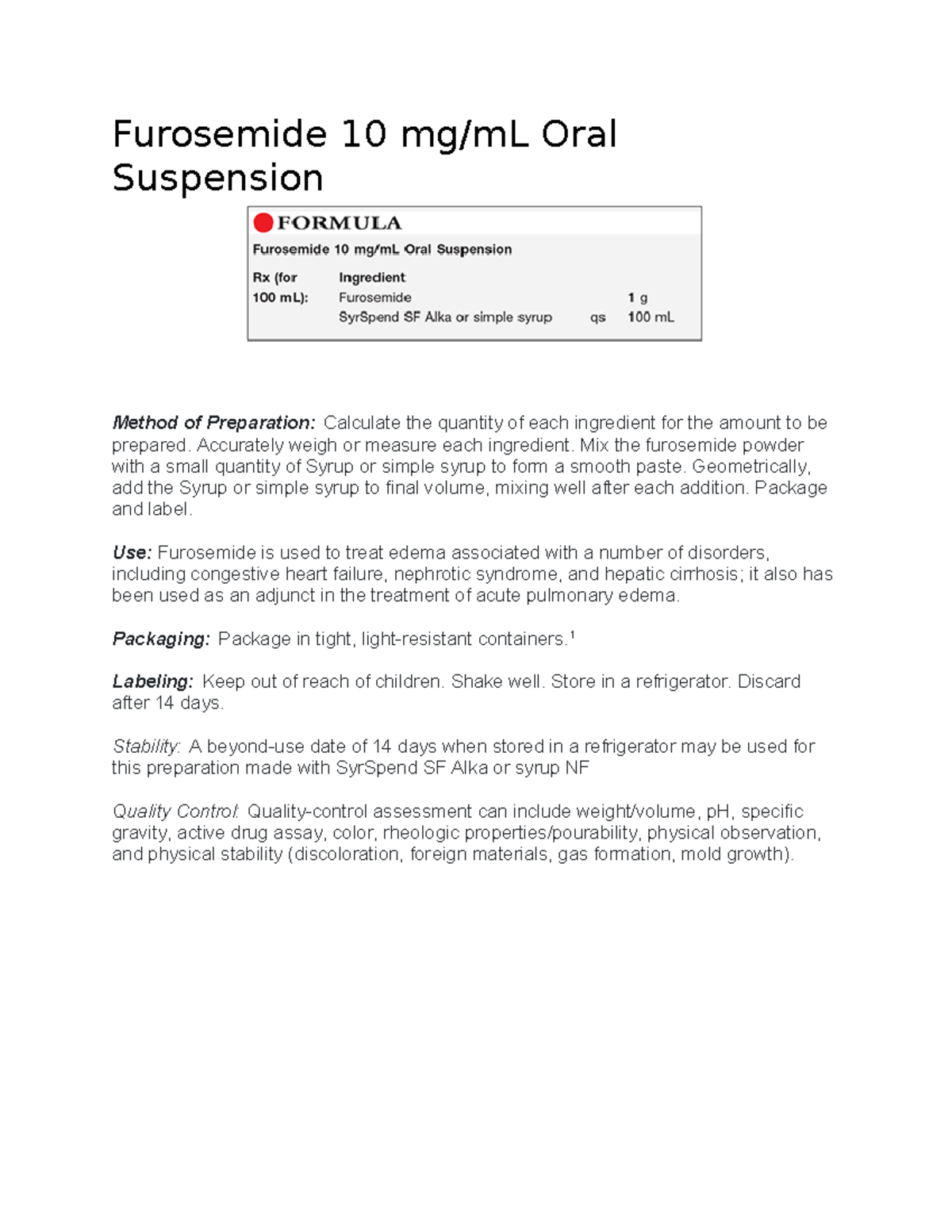 Furosemide preparation - Furosemide 10 mg/mL Oral Suspension Method of ...