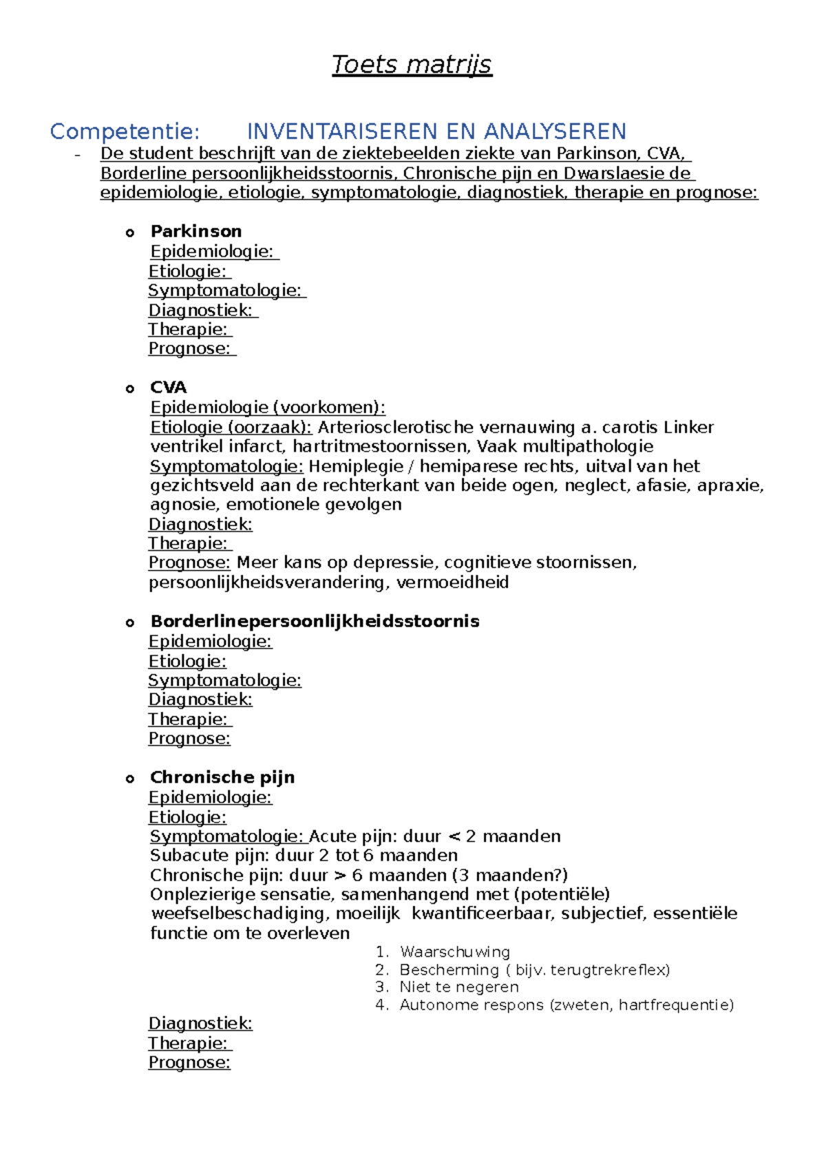 Toetsmatrijs - College-aantekeningen 1,2,3 - Toets matrijs Competentie ...