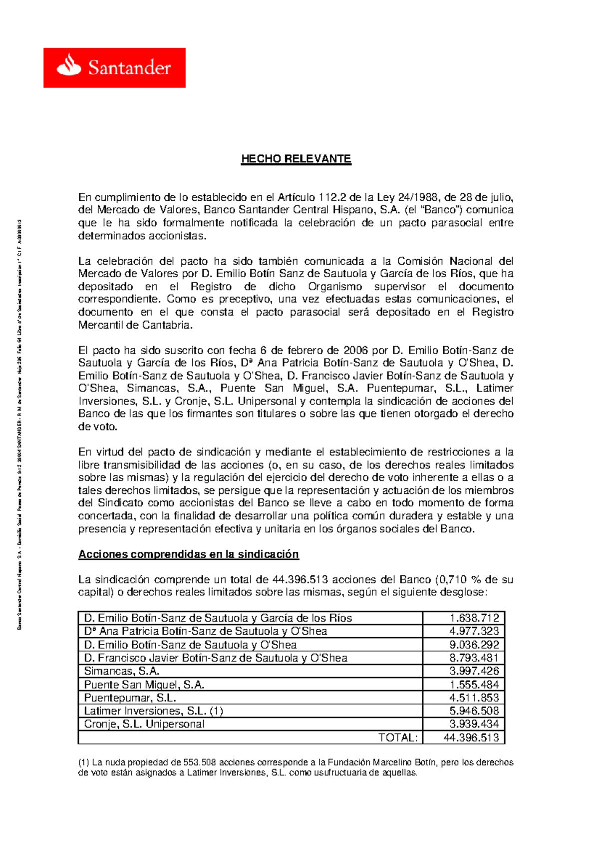 Pacto de Sindicación Banco Santander. Hecho relevante 17 - Banco ...