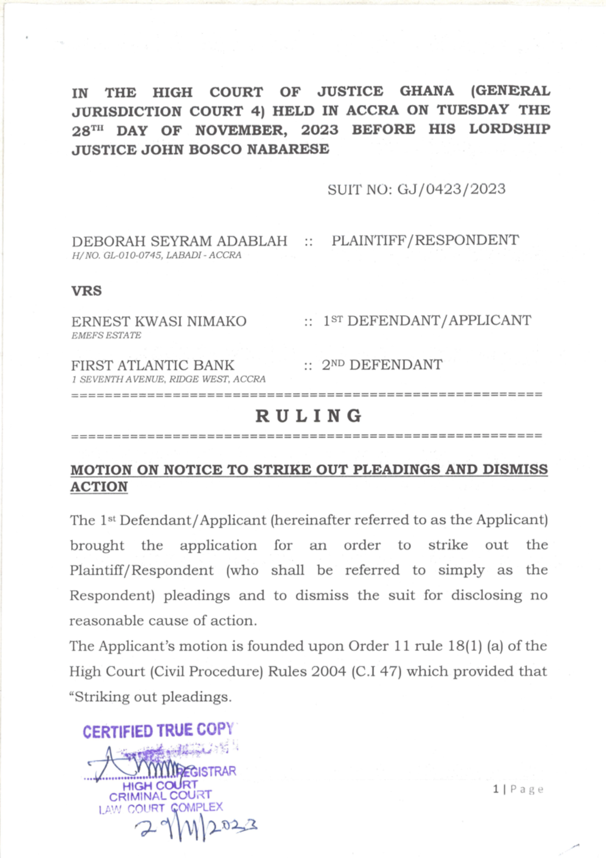 Deborah S. Adablah VRS Ernest Nimako & ANOR ( Ruling) - Constitutional ...