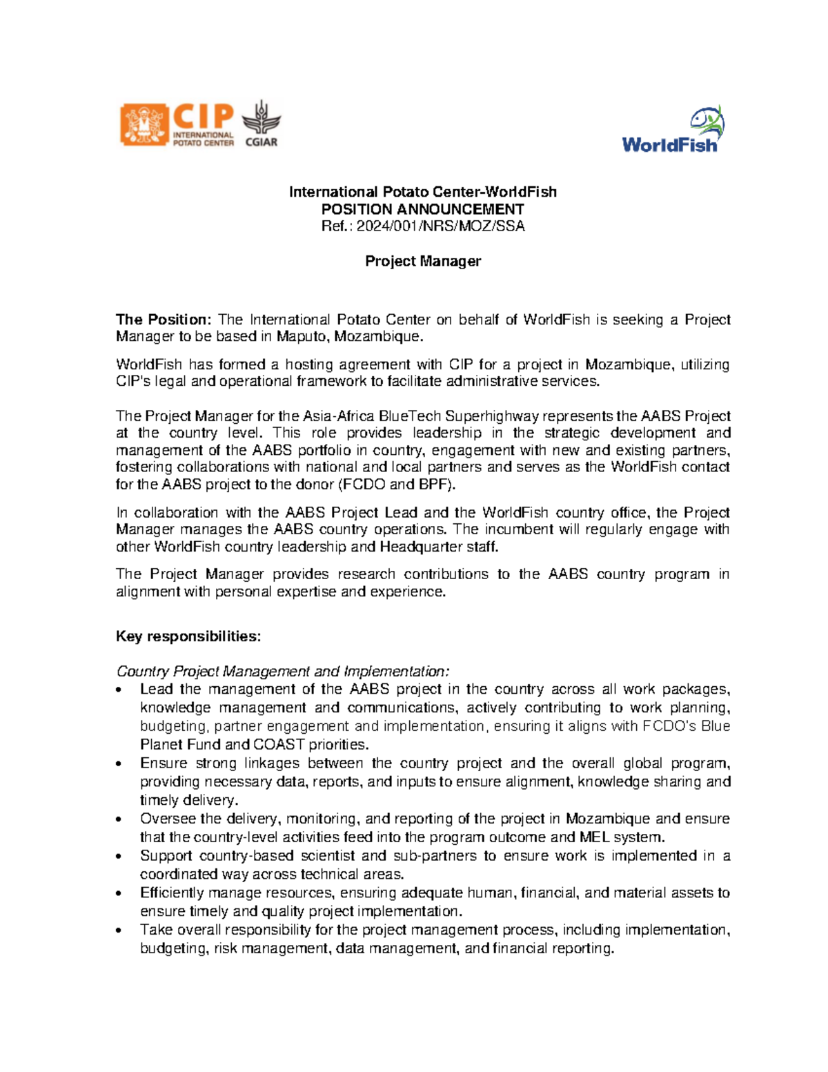 Job Advert- Project Manager - World Fish - International Potato Center ...