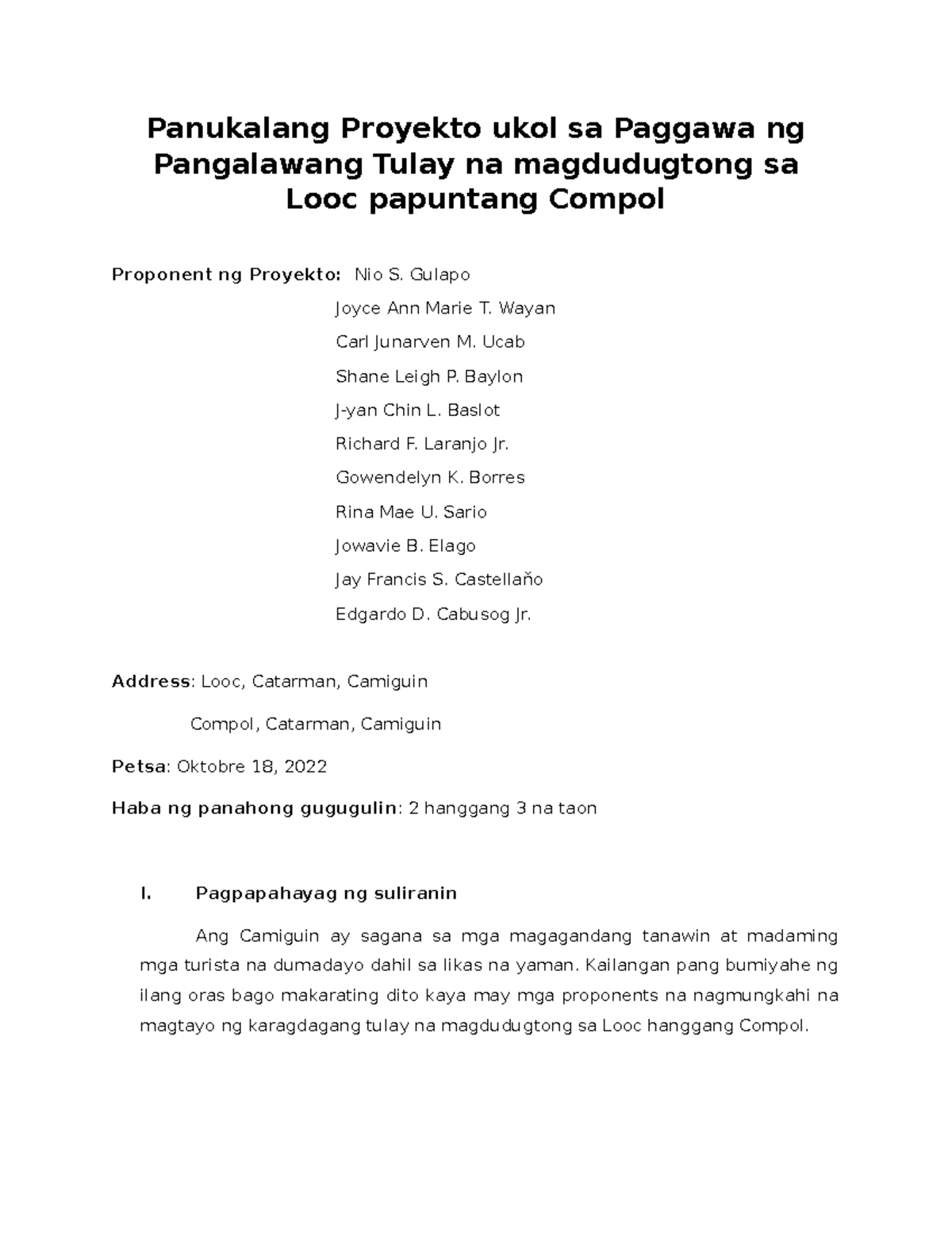 Panukalang Proyekto 101527 - Panukalang Proyekto ukol sa Paggawa ng ...