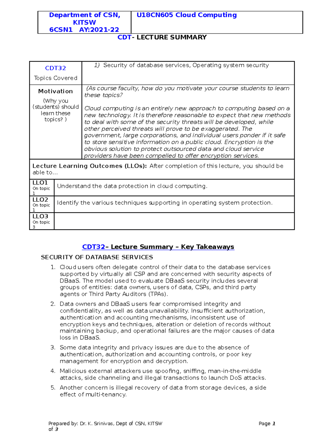 Security of database services, Operating system security. - Department ...