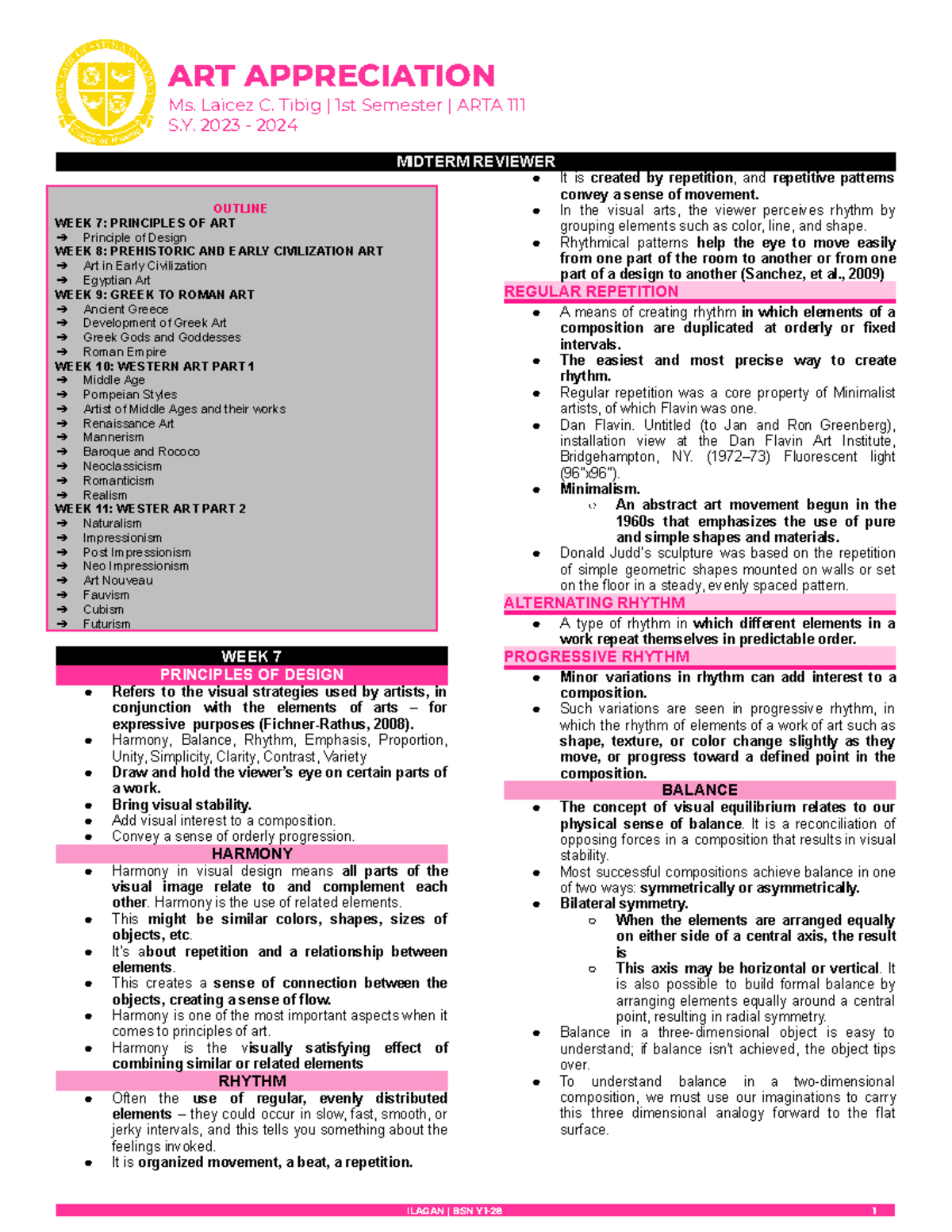 ARTA111 Midterm Reviewer - ART APPRECIATION Ms. Laicez C. Tibig | 1st Semester | ARTA 111 S ...