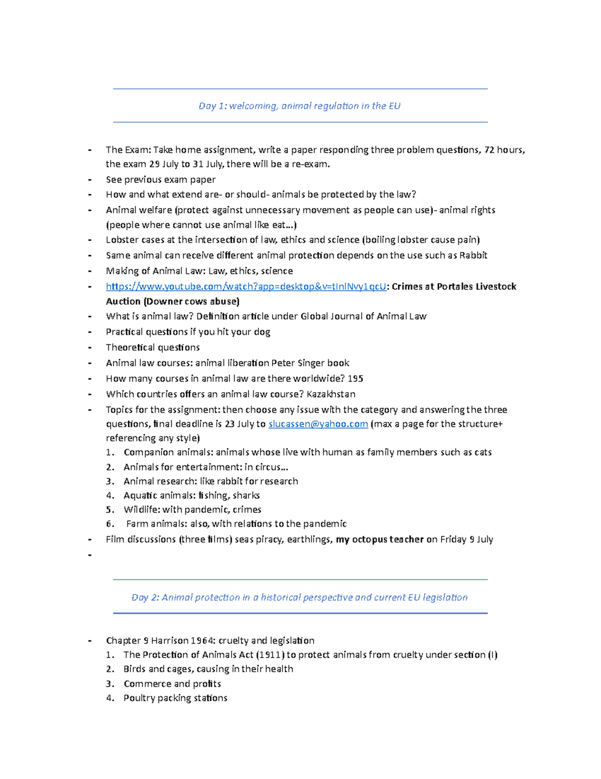 Notes animal law from day 1 to day 15 - Day 1: welcoming, animal ...