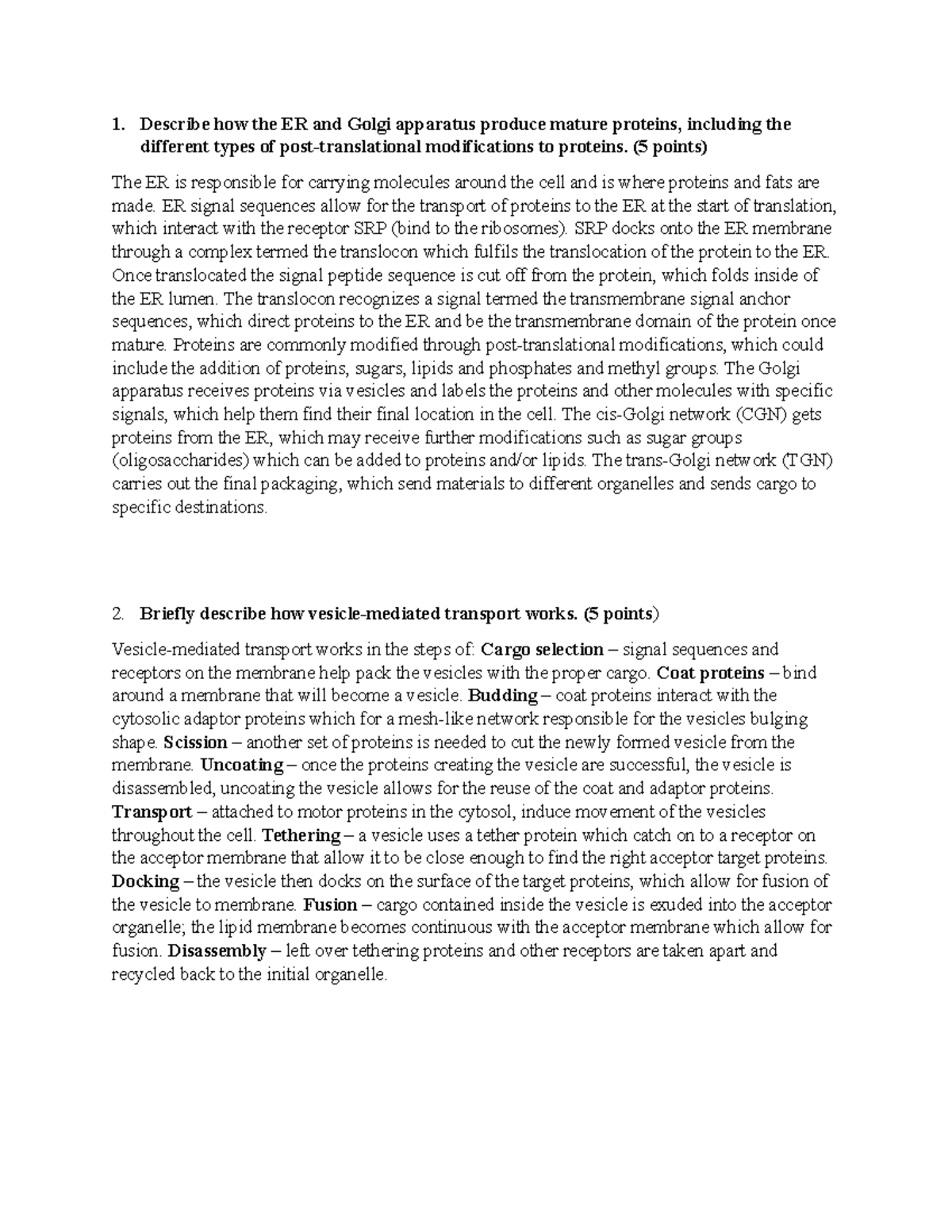 Learning outcome 4 - PHGY 170 - 1. Describe how the ER and Golgi ...