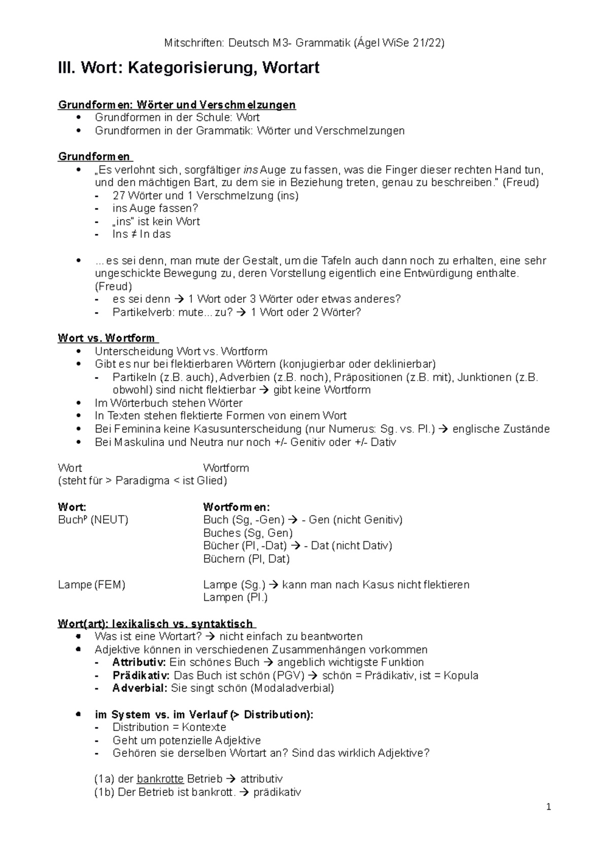 III - Grammatik - III. Wort: Kategorisierung, Wortart Grundformen ...