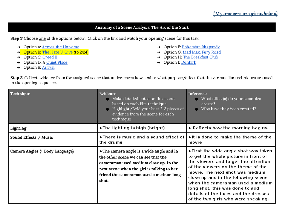 2. Film Intros. Anatomy of a Scene Analysis - [My answers are given ...