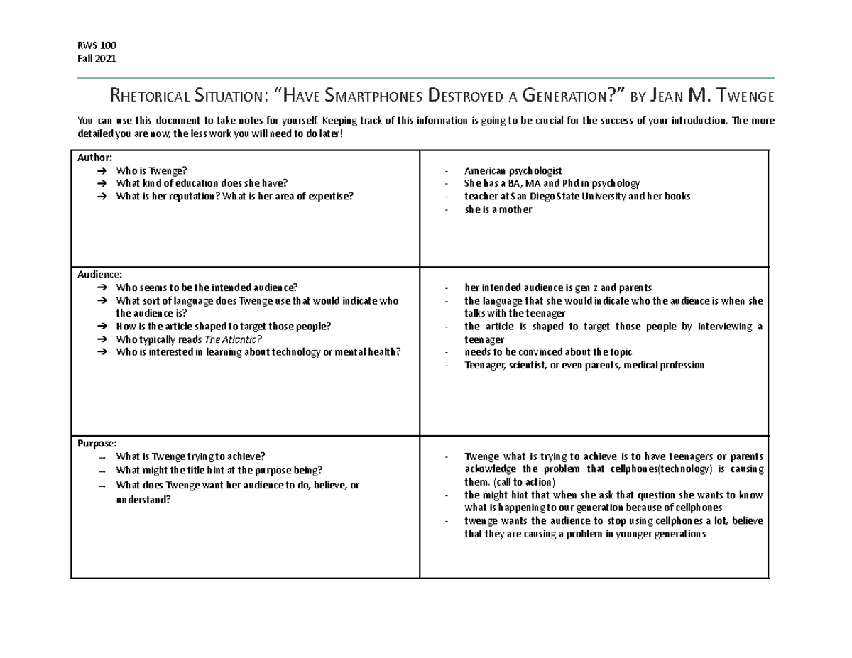 RWS 100 Rhetorical Situation Unit Two F21 - RWS 100 Fall 2021 ...