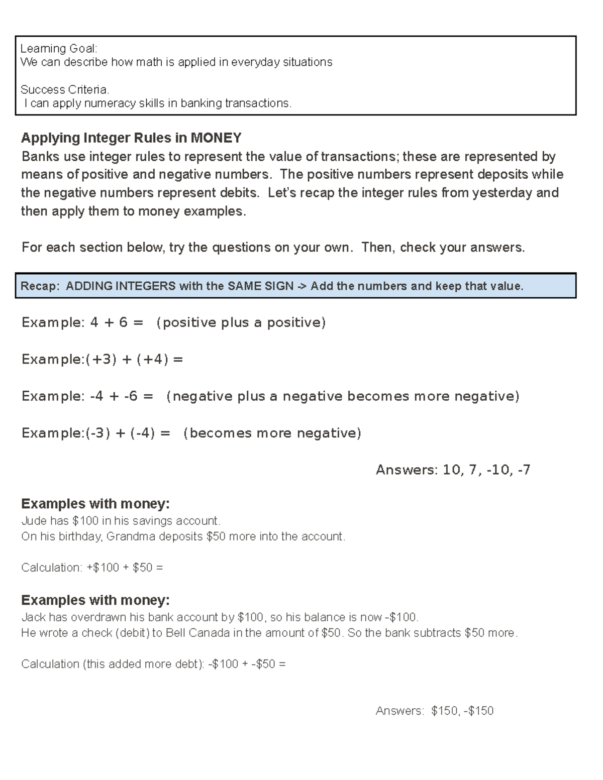 Copy of 4 - Integers in Real Life Contexts - Learning Goal: We can ...