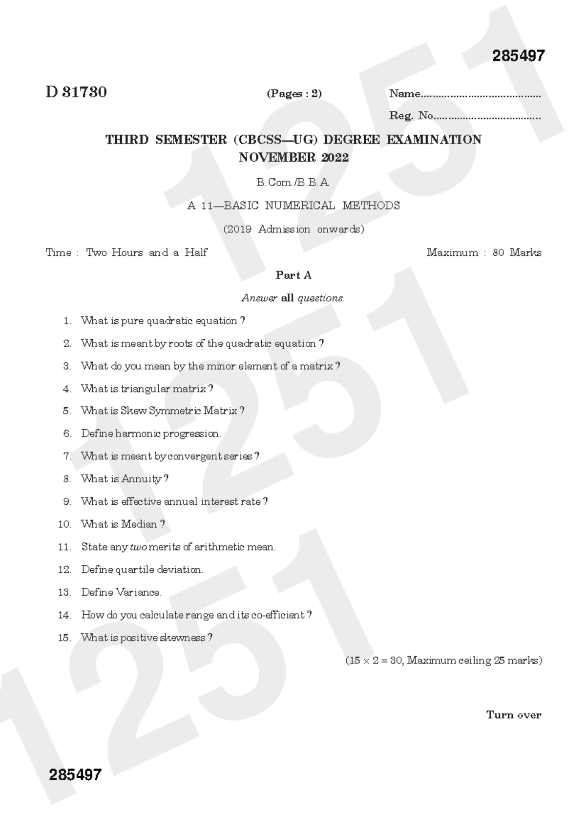 Basic Numerical Methods (2022)-2019 Adm - Turn over D 31730 (Pages : 2) - Studocu