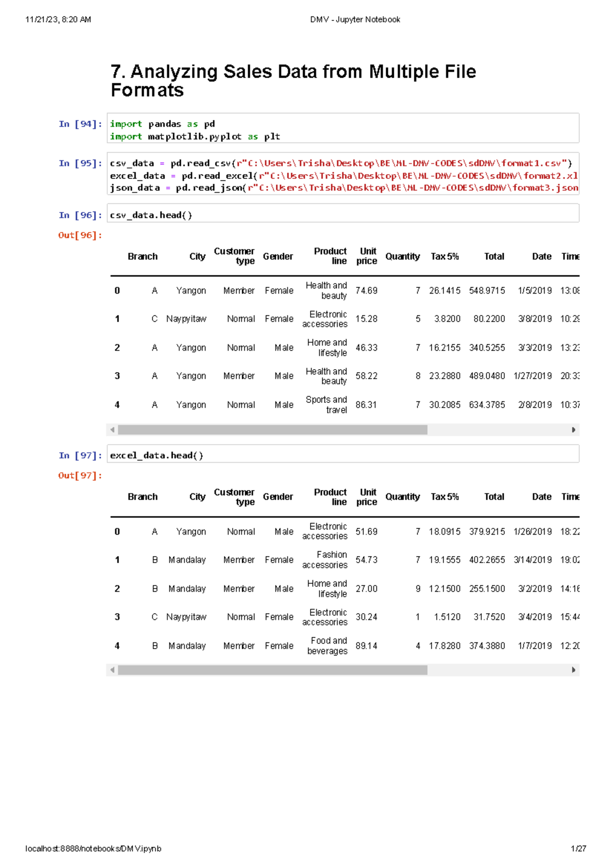 DMV - Jupyter Notebook - Practicals - 7. Analyzing Sales Data from Multiple File Formats In [94 ...