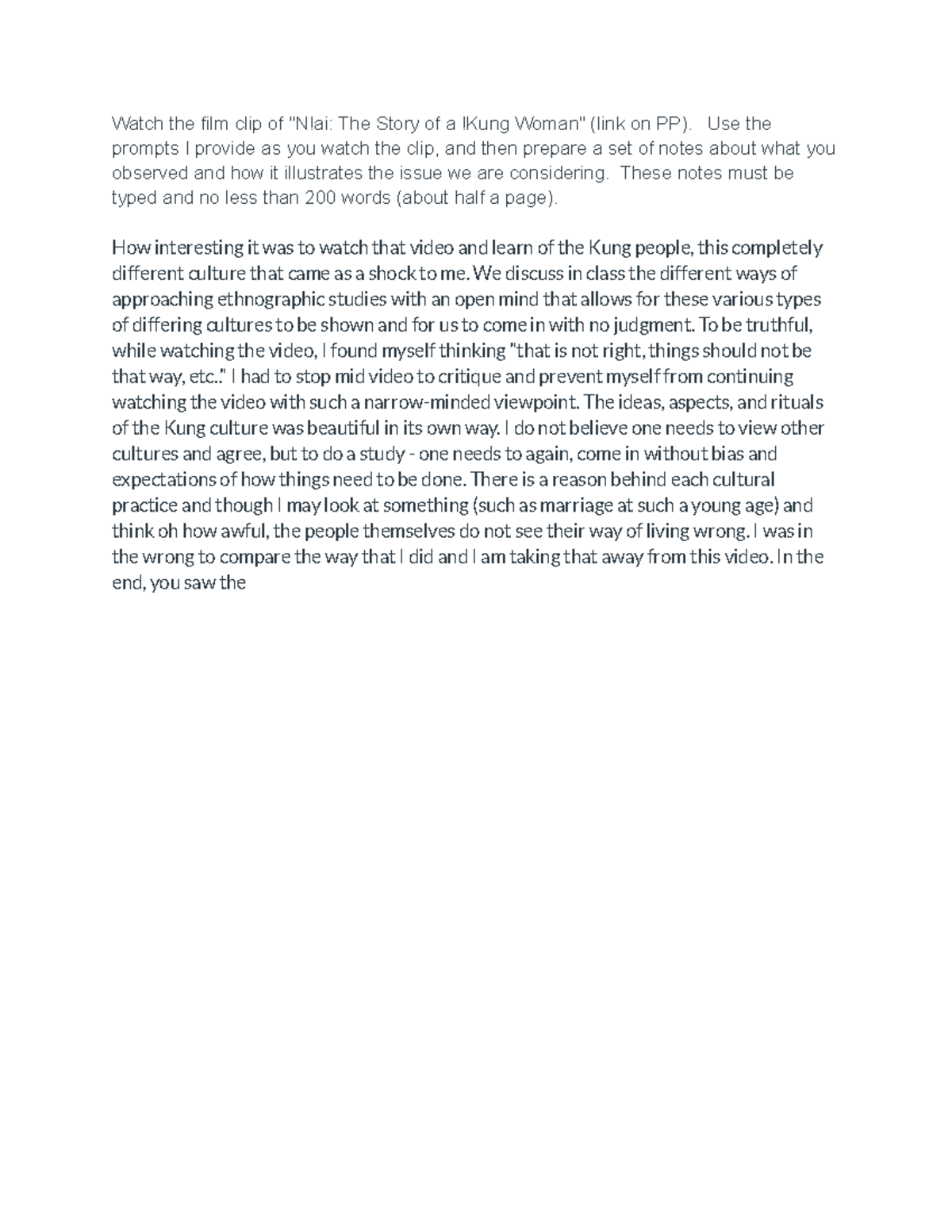 ANTH 322 Nai - Watch the film clip of "N!ai"(link on PP). Use the ...