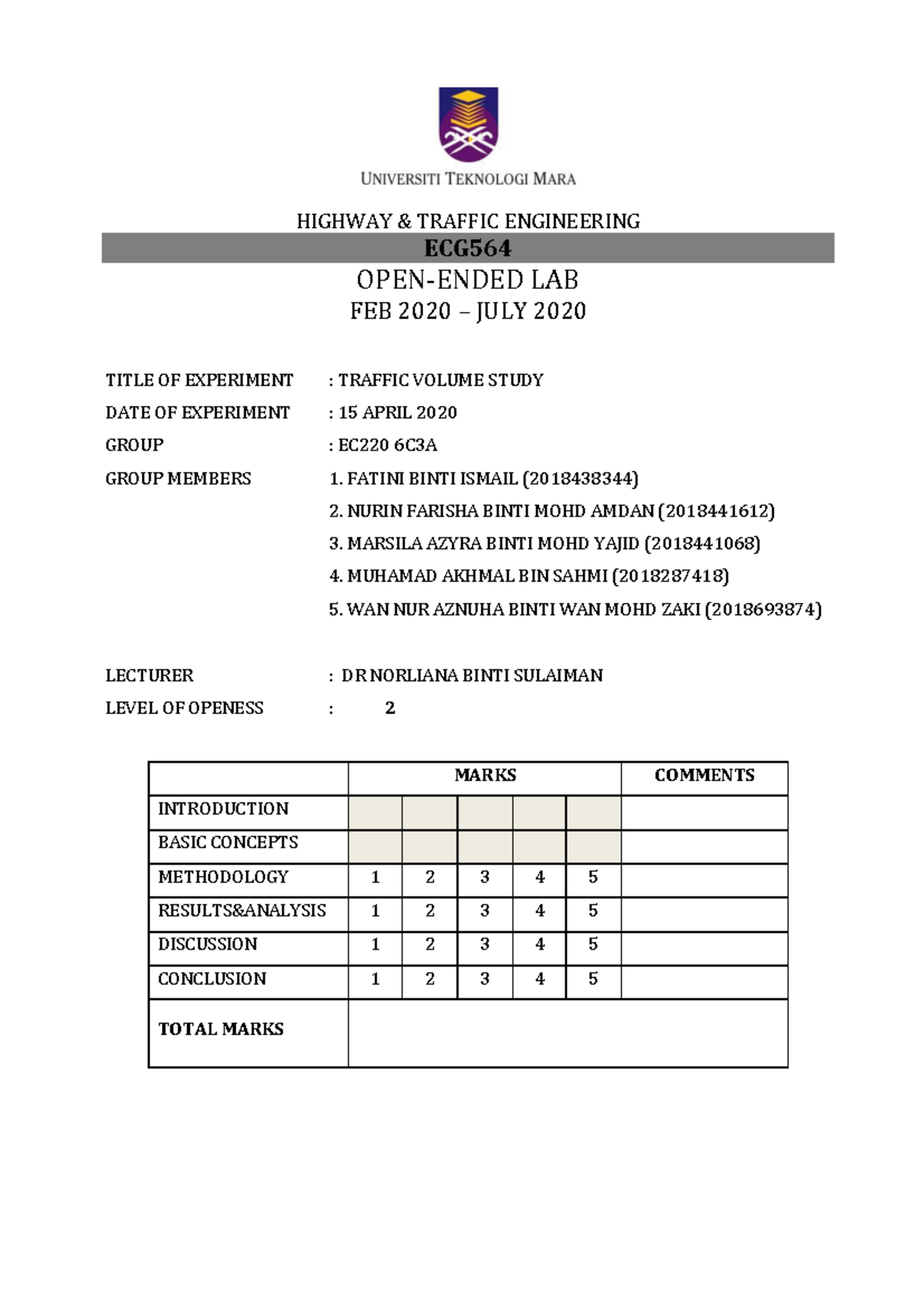 Traffic Volume Study LAB Report - HIGHWAY & TRAFFIC ENGINEERING ECG ...