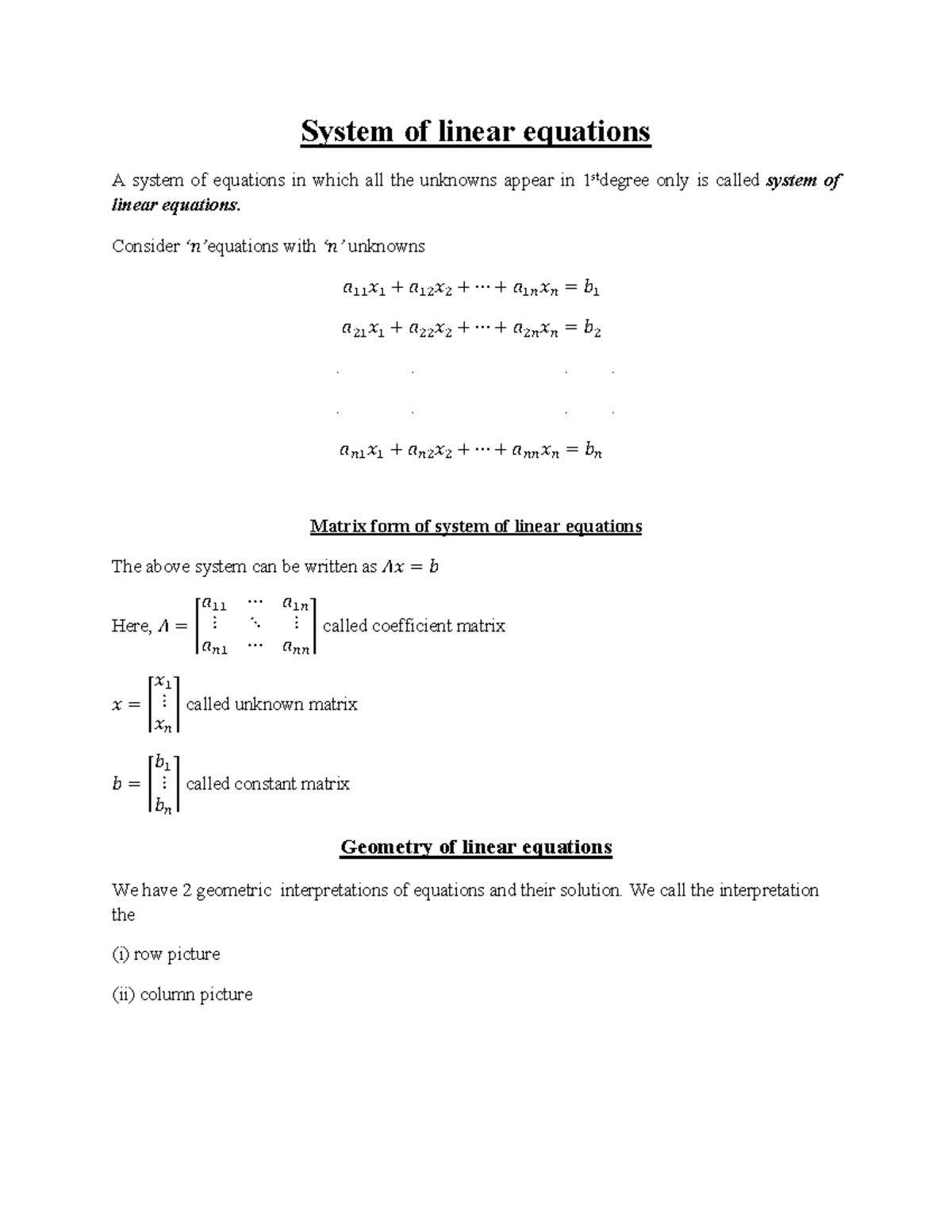 System of linear equations - Consider ‘𝑛’equations with ‘𝑛’ unknowns 𝑎 ...