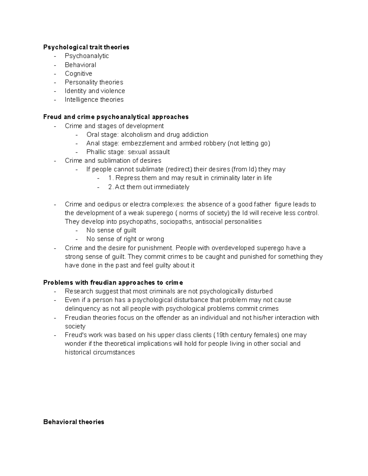 Psyhcogenic theories - Psychological trait theories - Psychoanalytic ...