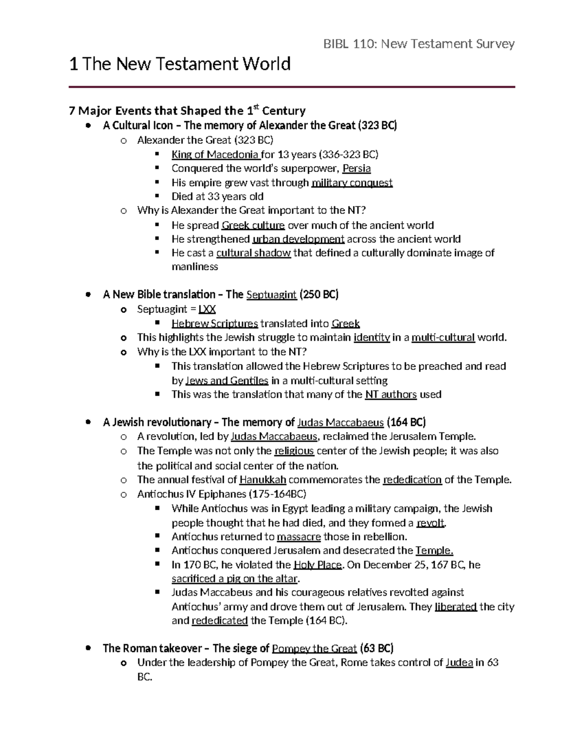 1 New Testament World - notes - BIBL 110: New Testament Survey 1 The ...