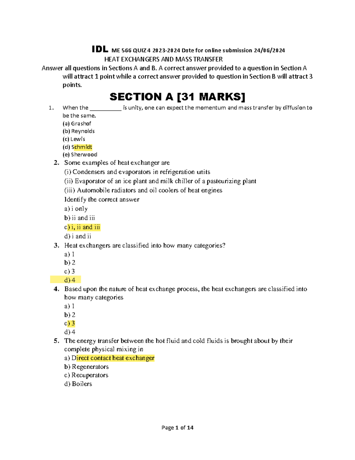 IDL ME 566 QUIZ 4 2023-2024 - IDL ME 566 QUIZ 4 2023-2024 Date for online submission 24/06/ HEAT ...