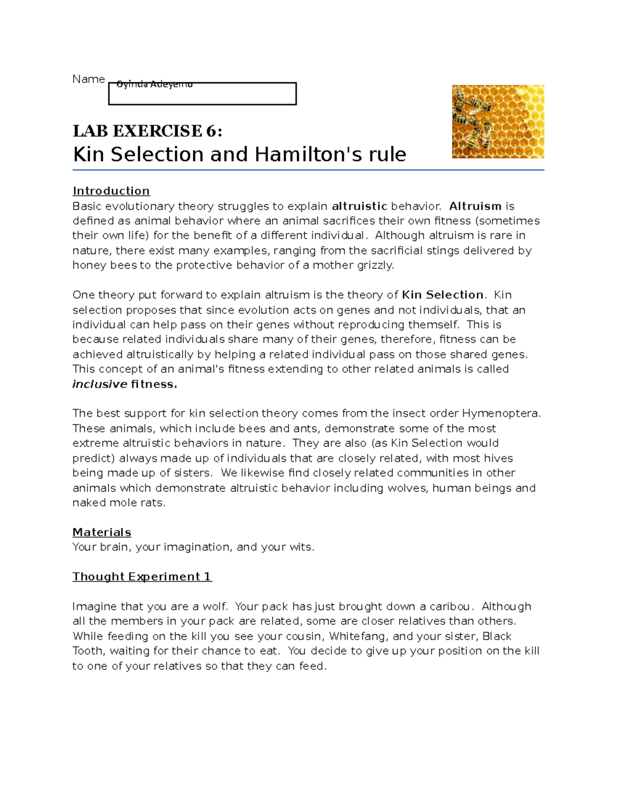 Lab 6 - Kin Selection - Name LAB EXERCISE 6: Kin Selection and Hamilton ...