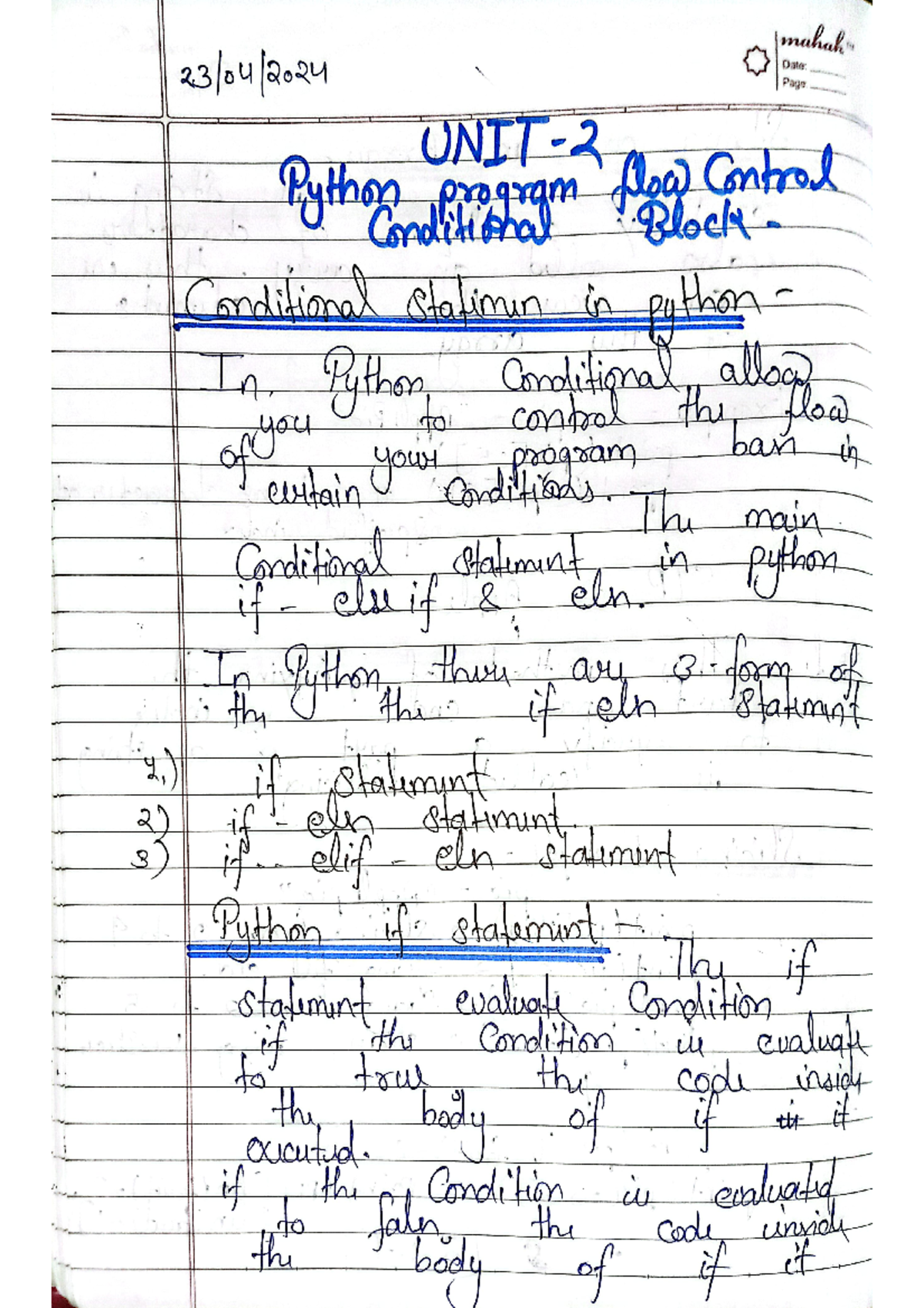 Python programming U2 - mahah Date: Page UNIT 2 Python Conditional program flow Control Block ...