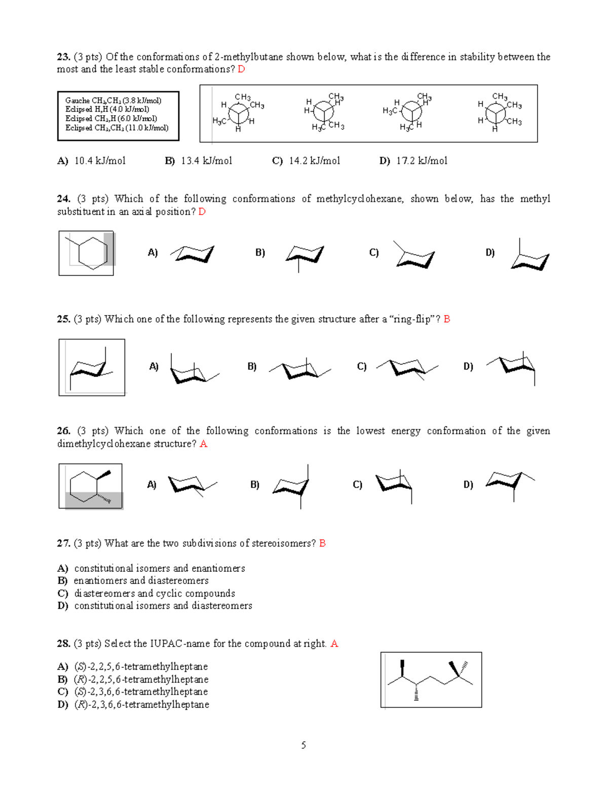 Exam 2 Spring 2023 Answer Key1 4 5 23 3 Pts Of The Conformations Of 2 Methylbutane 