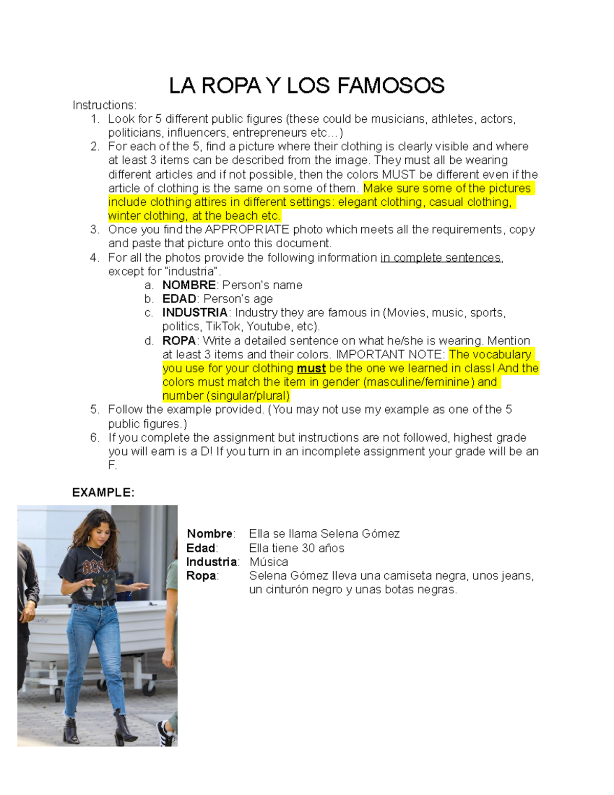 LA ROPA Y LOS Famosos - LA ROPA Y LOS FAMOSOS Instructions: 1. Look for ...