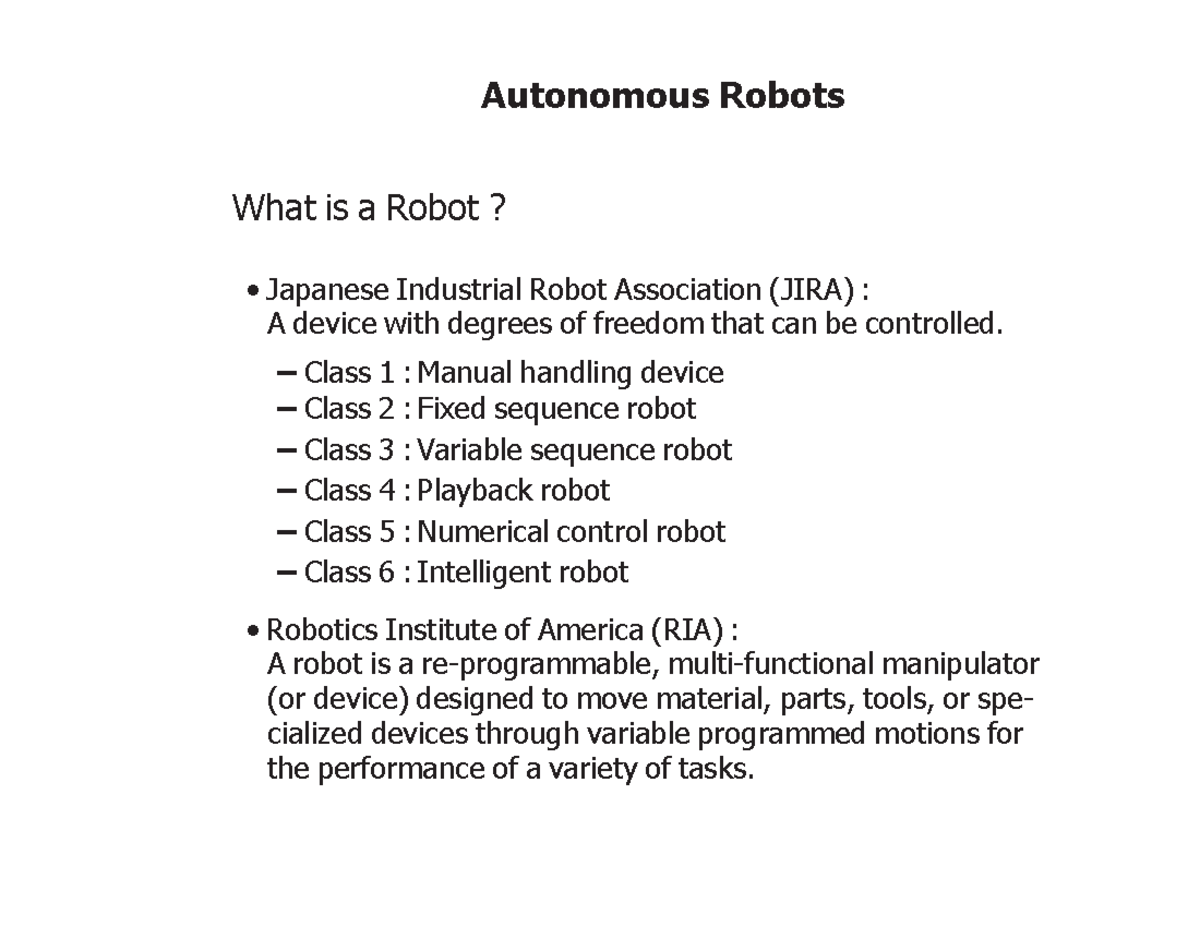 Slides Lecture from Class - Autonomous Robots What is a Robot ...