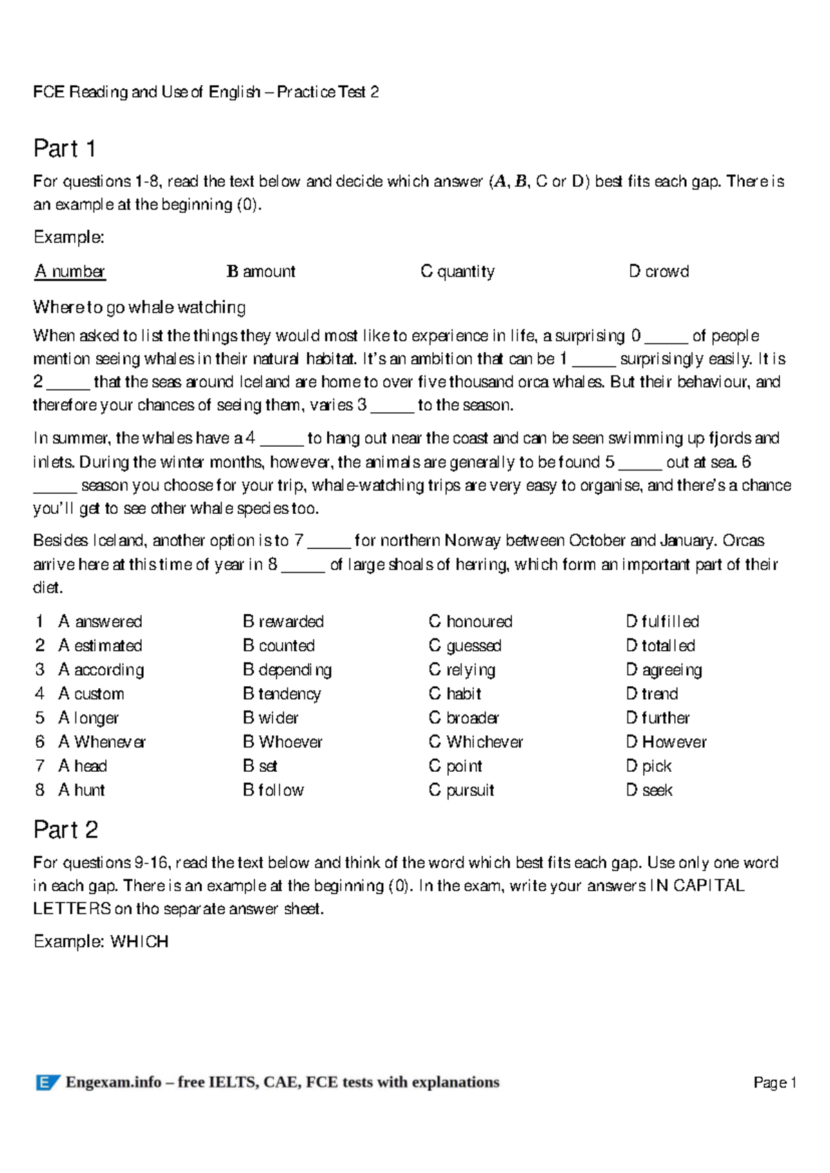 FCE Reading and Use of English - Practice Test 2 - Part 1 For questions ...