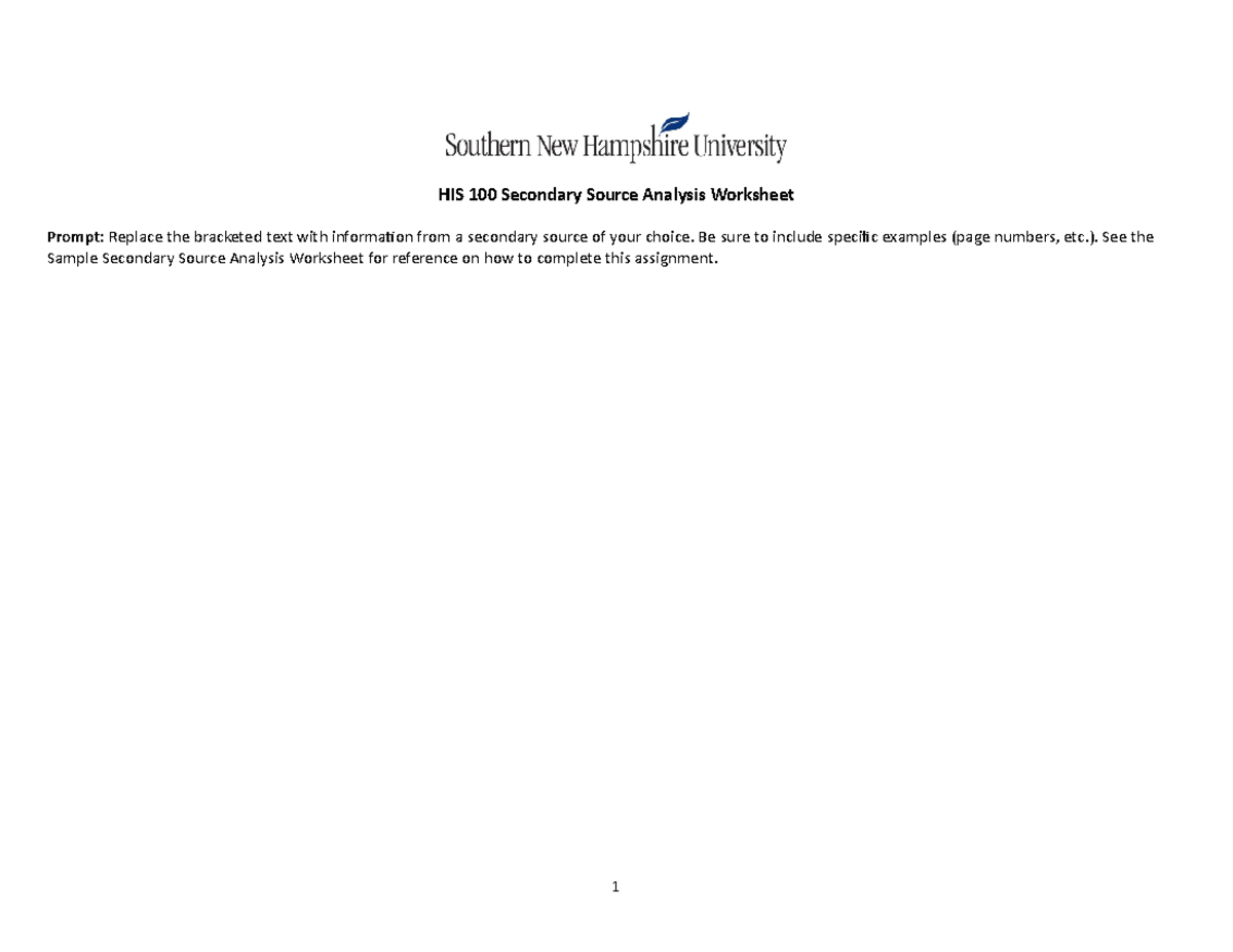 Secondary Source Analysis Worksheet - Be sure to include specific ...