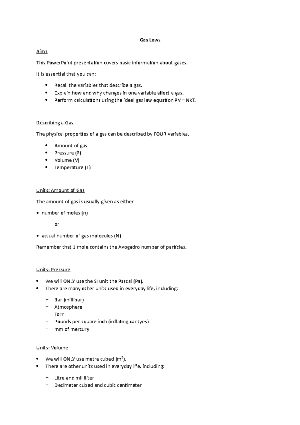 Unit 7 - Gas Laws Lecture Notes - Gas Laws Aims This PowerPoint ...
