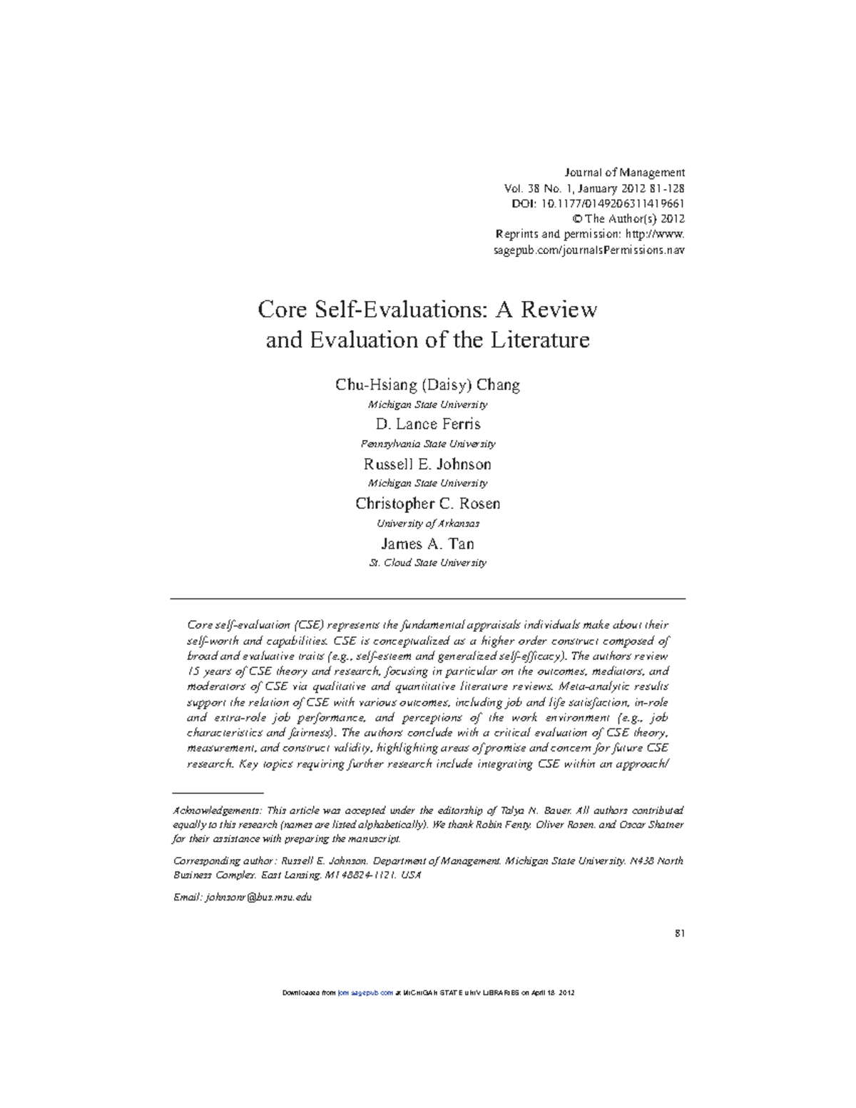 Core Self Evaluations A Review and Evalu - Core Self-Evaluations: A ...