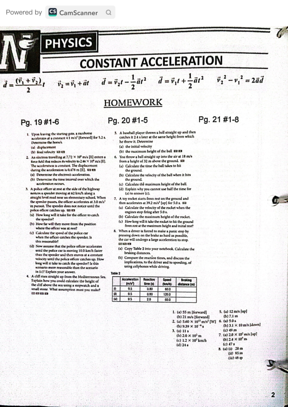 Kinematics Constant Acceleration Practice Questions with Answers ...
