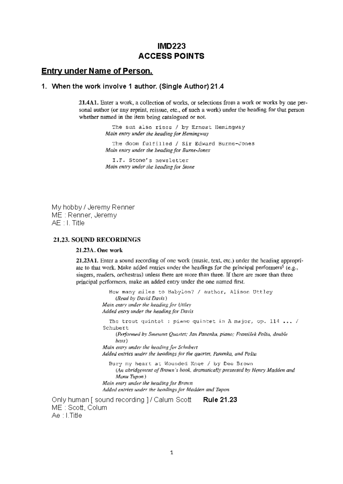 Access Point - IMD ACCESS POINTS Entry under Name of Person. 1. When ...